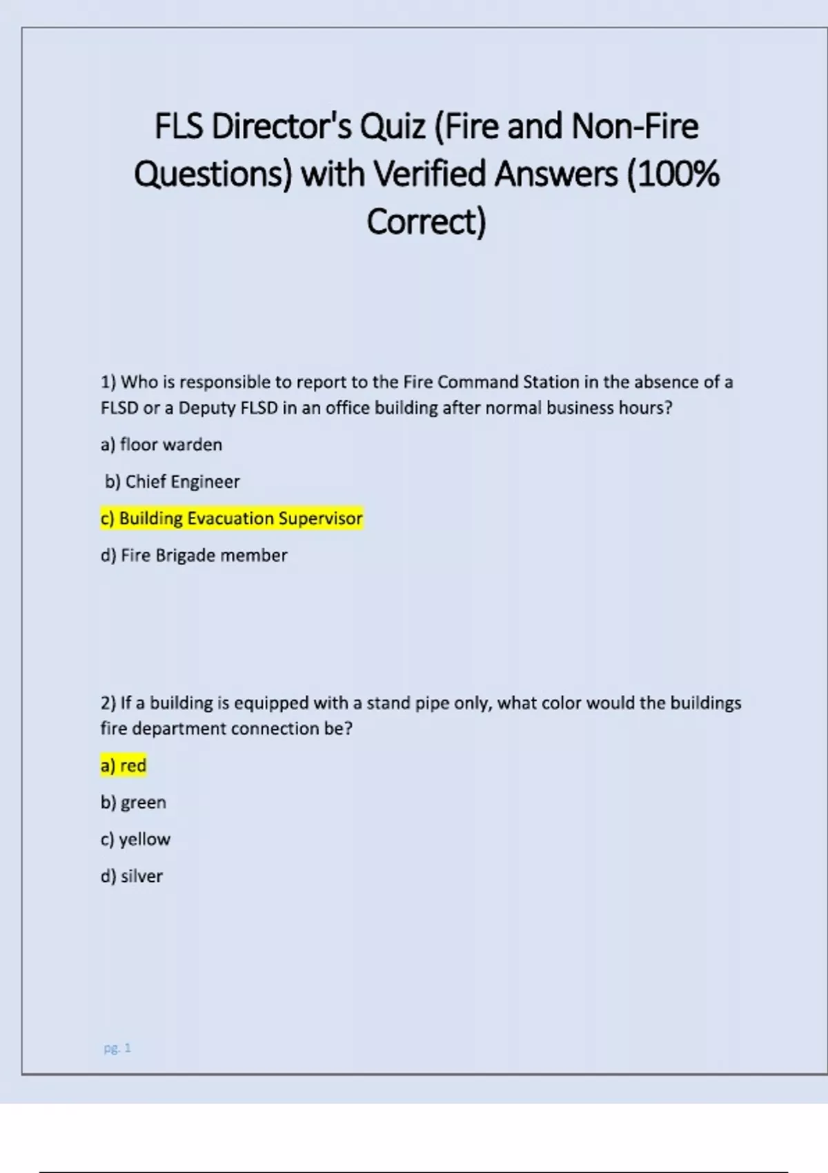 FLS Director's Quiz (Fire and Non-Fire Questions) with Verified Answers ...