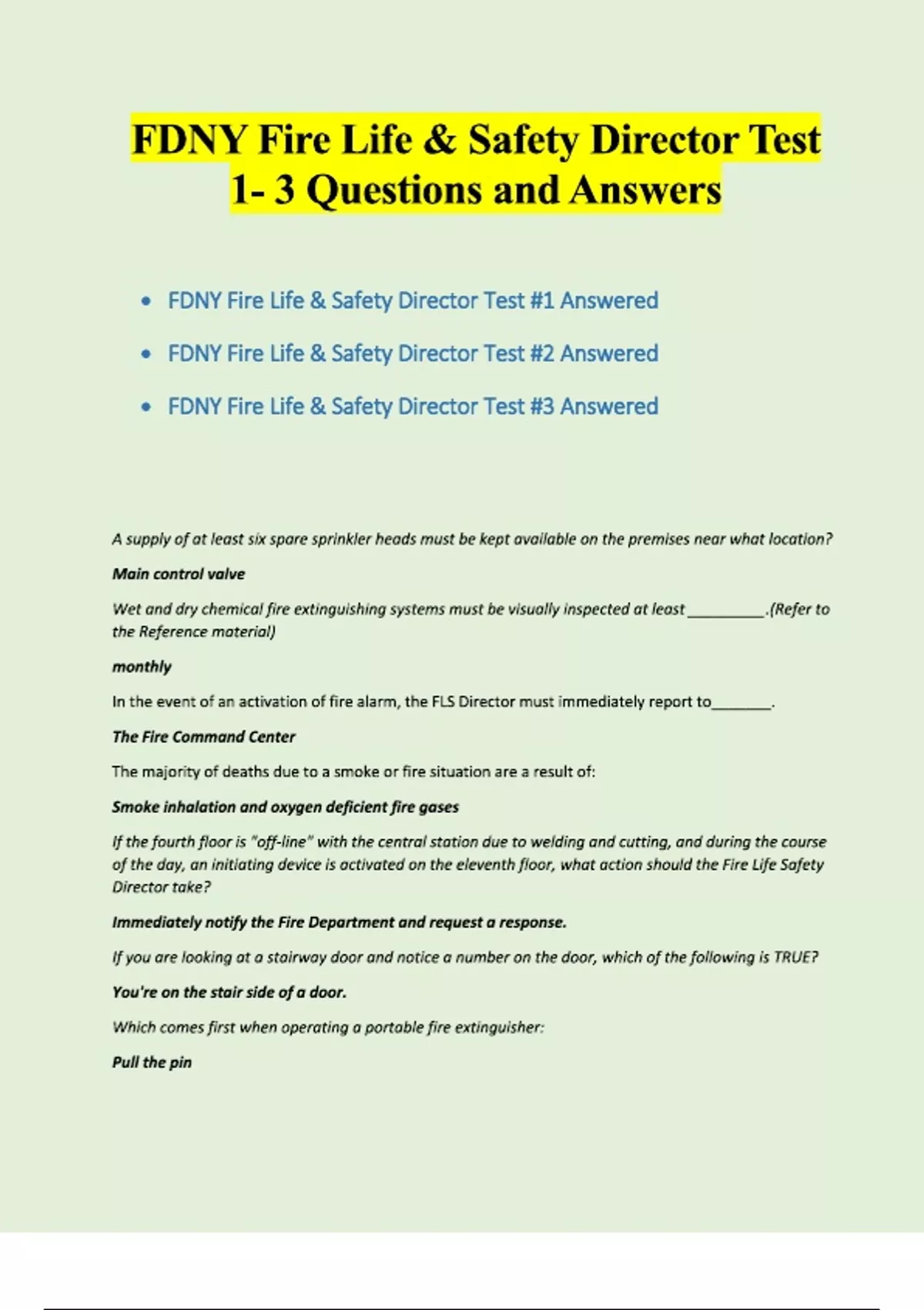FDNY Fire Life & Safety Director Test 1- 3 Questions and Answers - FDNY ...