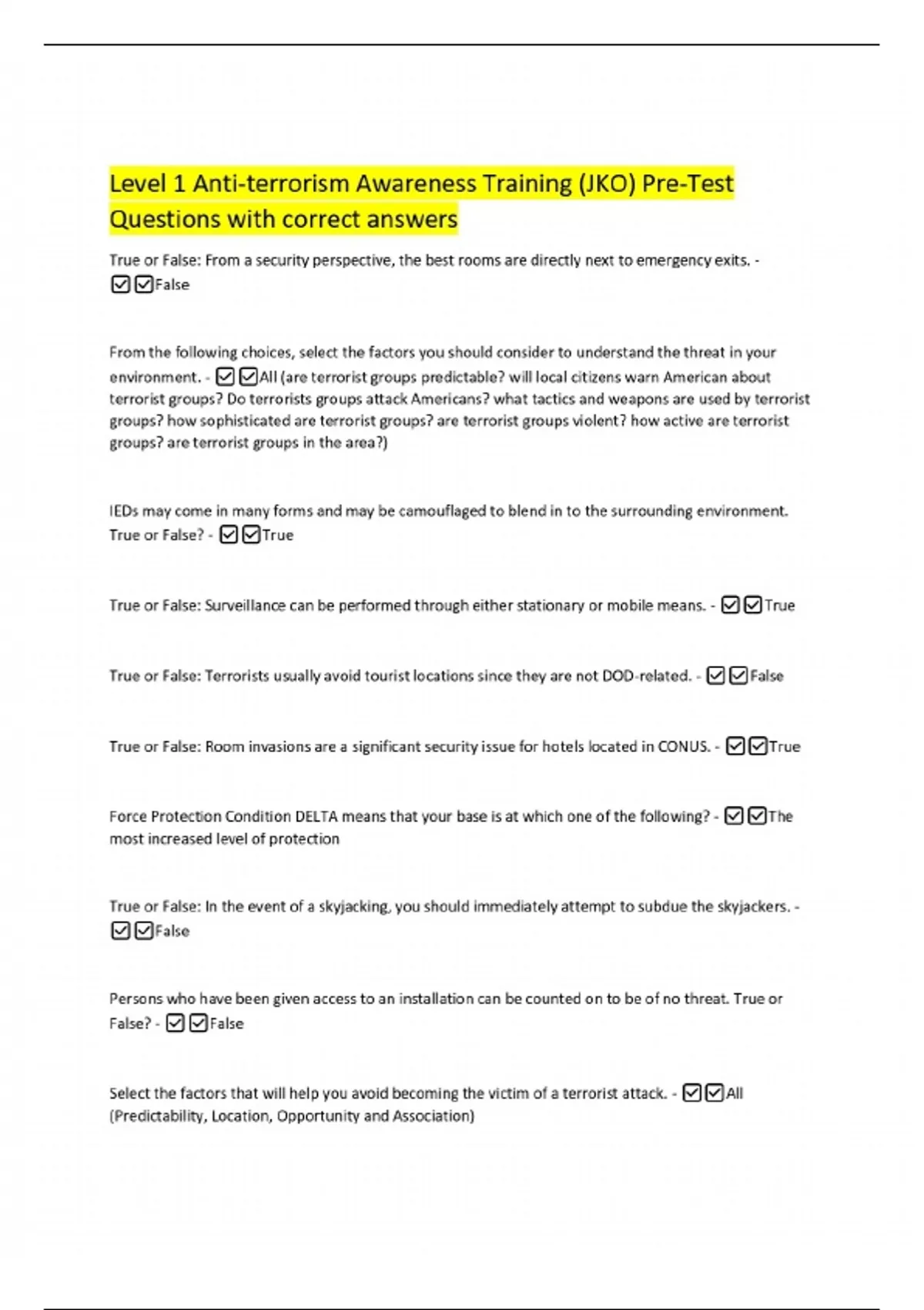 Level 1 Anti-terrorism Awareness Training (JKO) Pre-Test Questions with ...