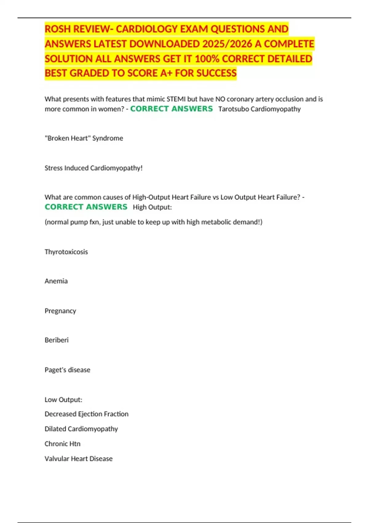 ROSH REVIEW- CARDIOLOGY EXAM QUESTIONS AND ANSWERS LATEST DOWNLOADED ...