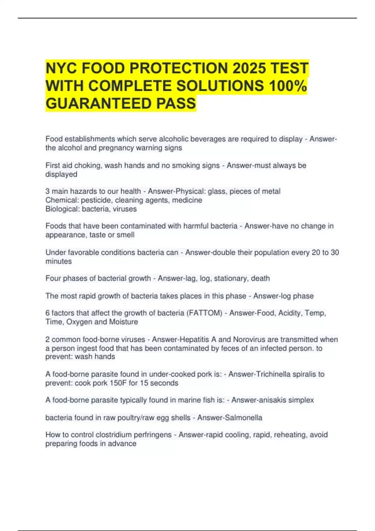 NYC FOOD PROTECTION 2025 TEST WITH COMPLETE SOLUTIONS 100% GUARANTEED ...
