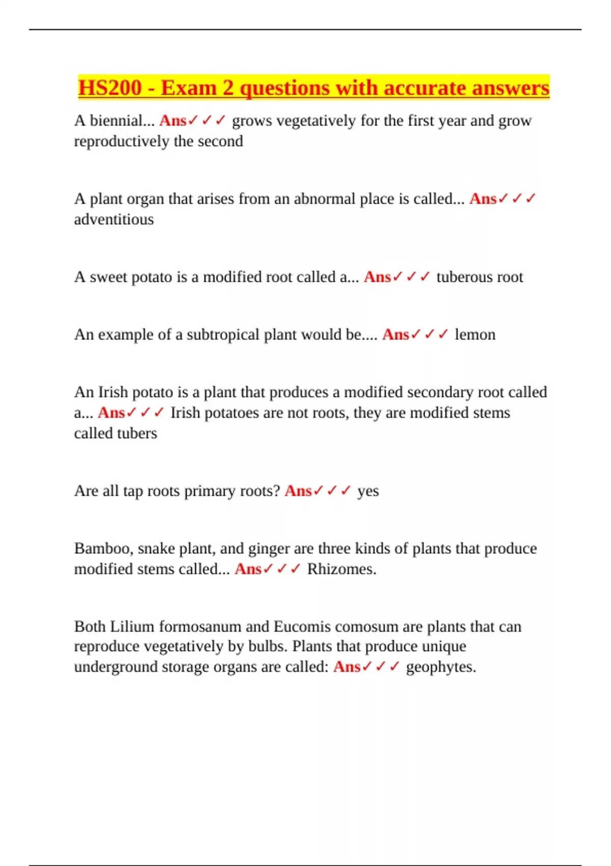 HS200 – Exam 2 Study Guide with Verified Questions and Answers on Plant ...