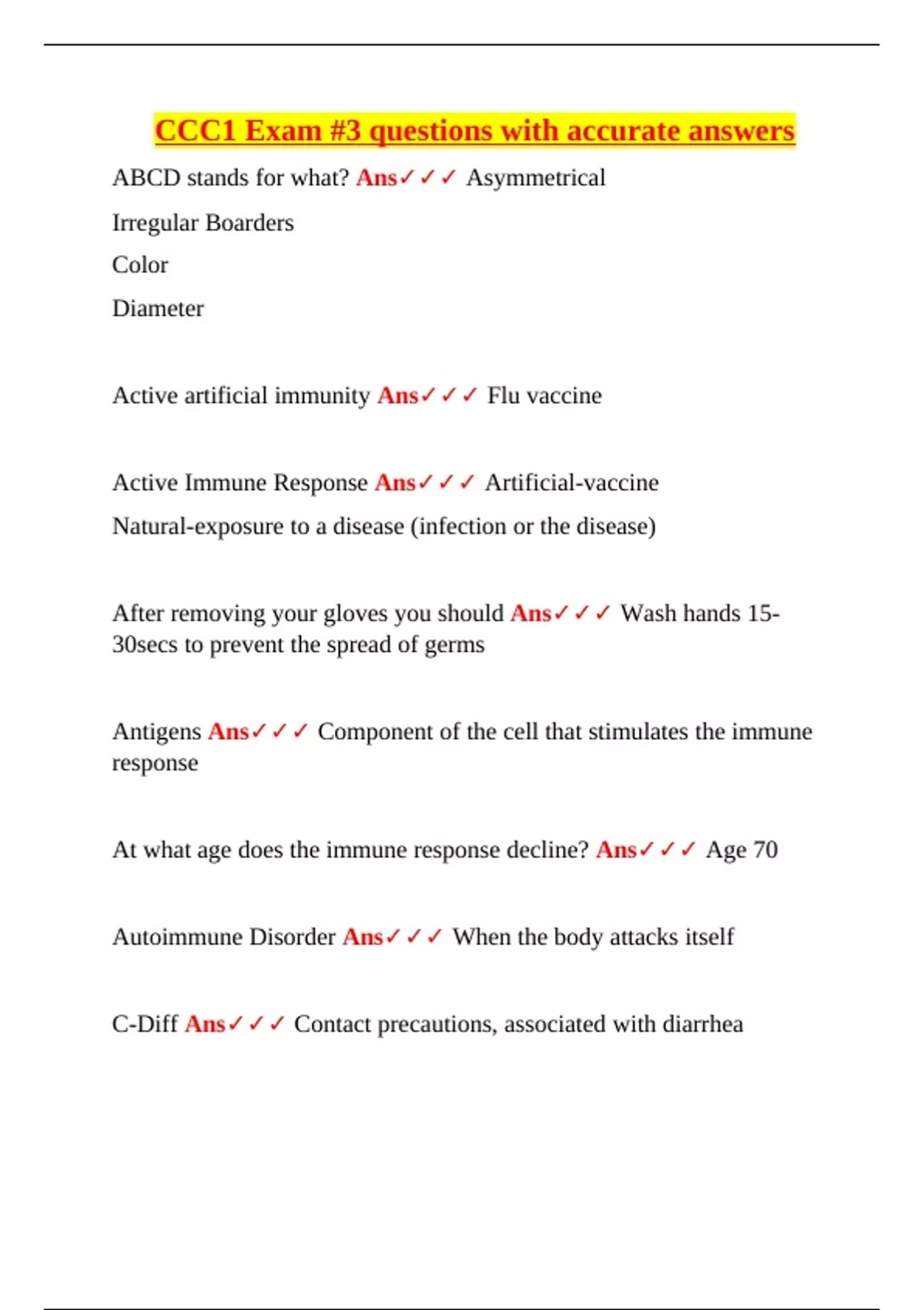 CCC1 – Exam #3 Questions with Accurate Answers – Immune System, Infection Control, and Skin ...