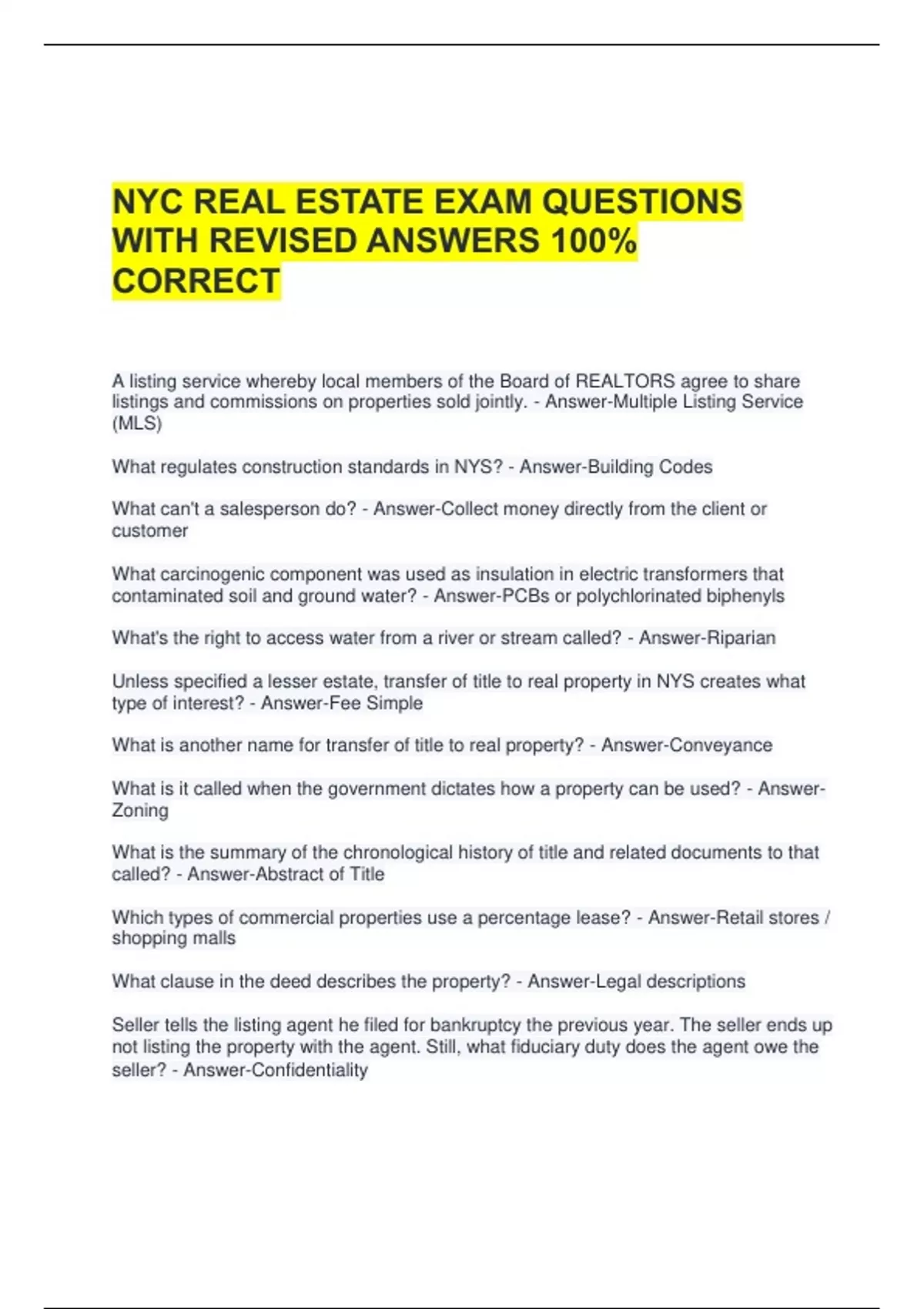 NYC REAL ESTATE EXAM QUESTIONS WITH REVISED ANSWERS 100% CORRECT - NYC ...