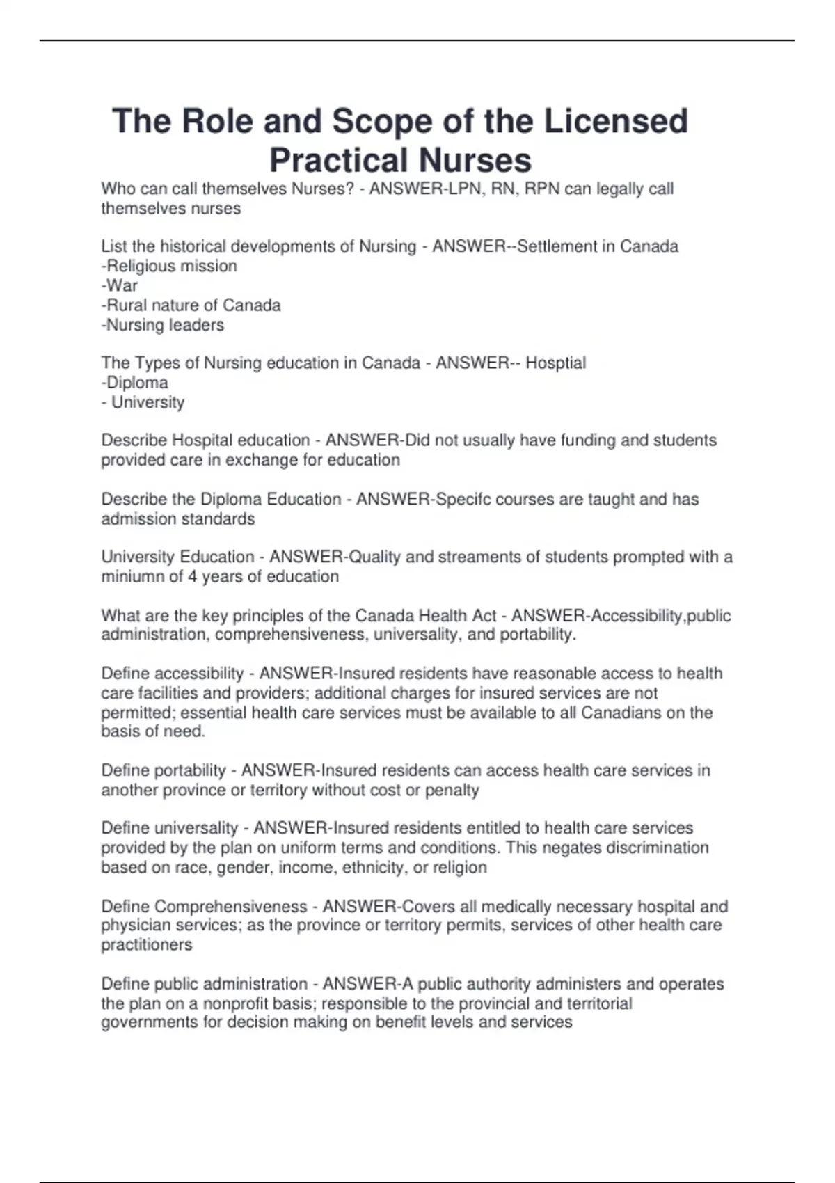 The Role and Scope of the Licensed Practical Nurses questions and sure ...