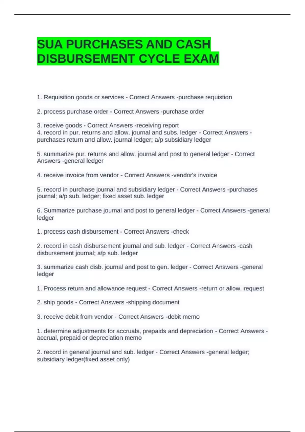 SUA PURCHASES AND CASH DISBURSEMENT CYCLE EXAM QUESTIONS WITH COMPLETE ...