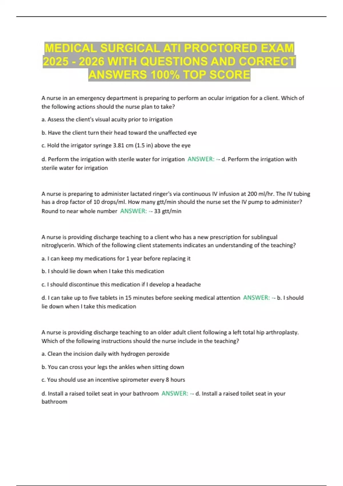 MEDICAL SURGICAL ATI PROCTORED EXAM WITH QUESTIONS AND CORRECT ANSWERS ...