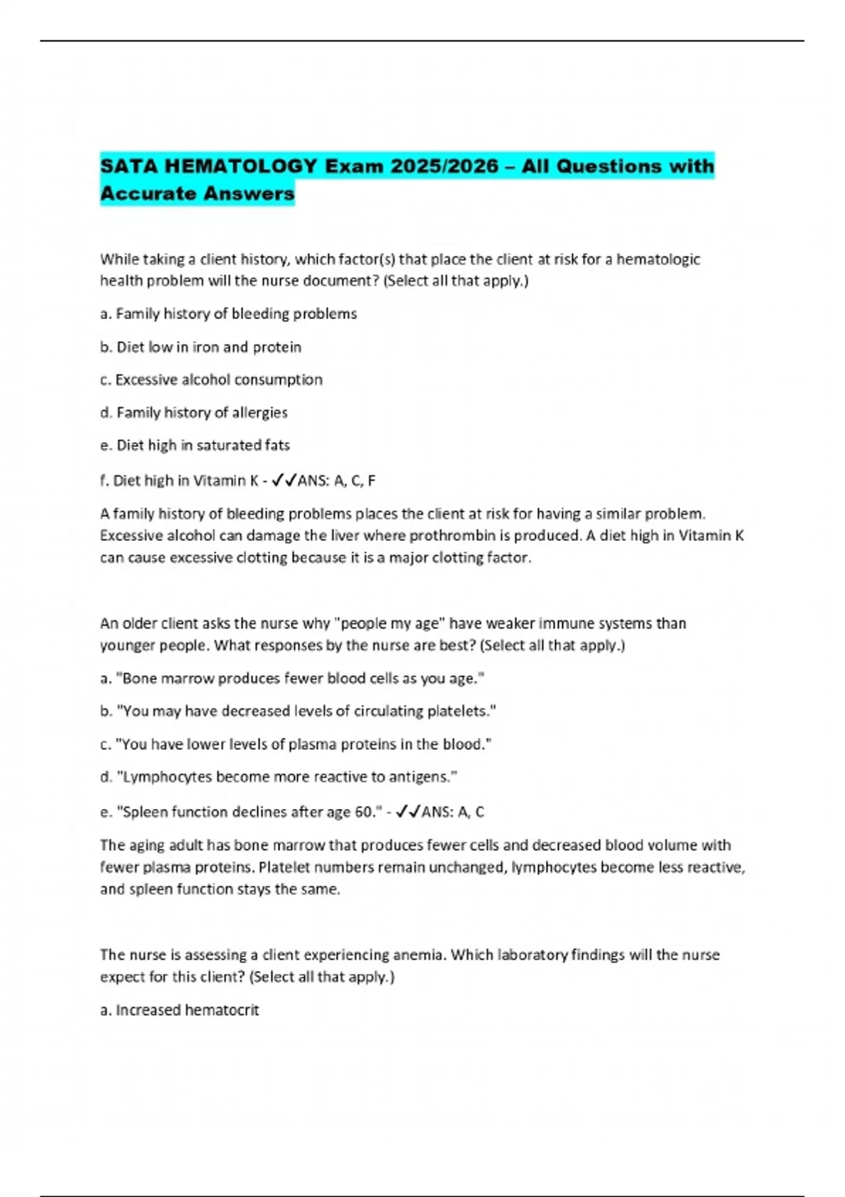 SATA HEMATOLOGY Exam 2025/2026 – All Questions with Accurate Answers ...