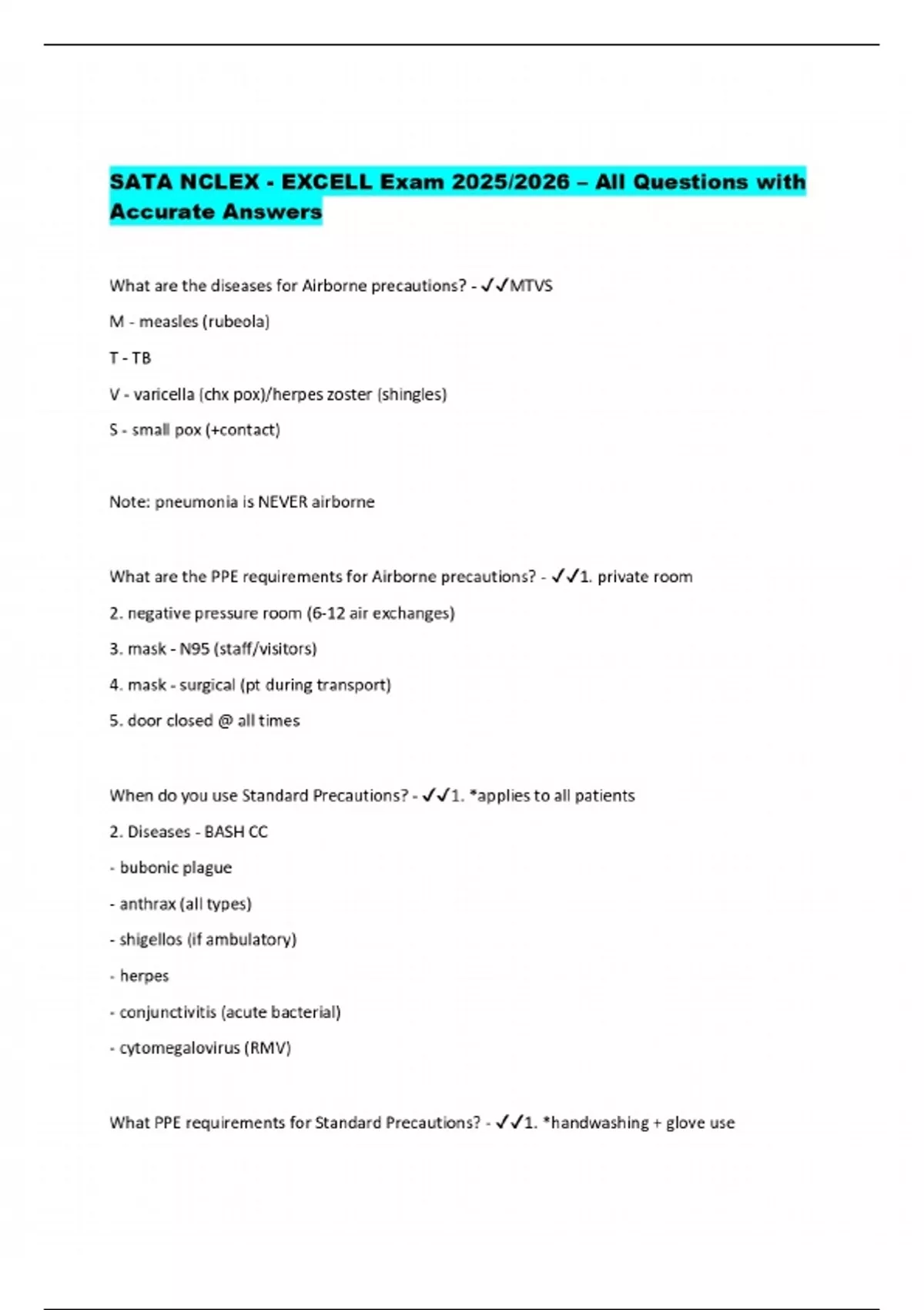 SATA NCLEX - EXCELL Exam 2025/2026 – All Questions with Accurate ...