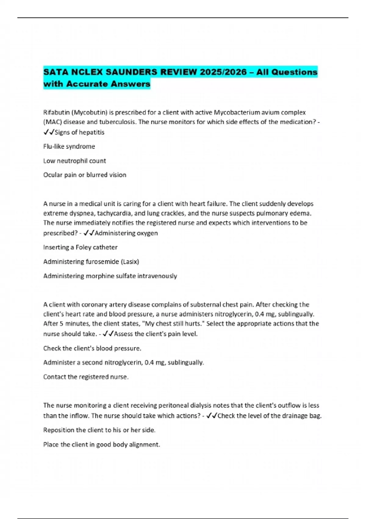 SATA NCLEX SAUNDERS REVIEW 2025/2026 – All Questions with Accurate ...