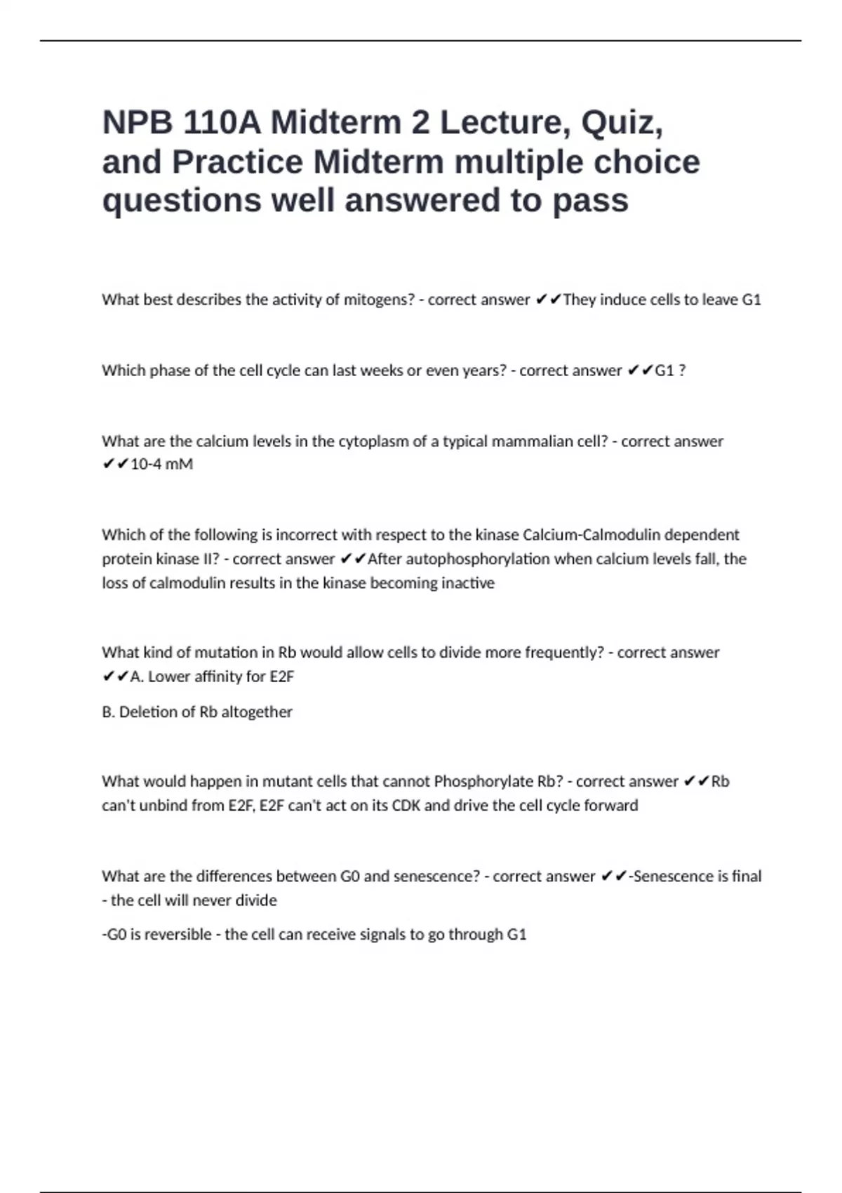 NPB 110A Midterm 2 Lecture, Quiz, and Practice Midterm multiple choice questions well answered ...