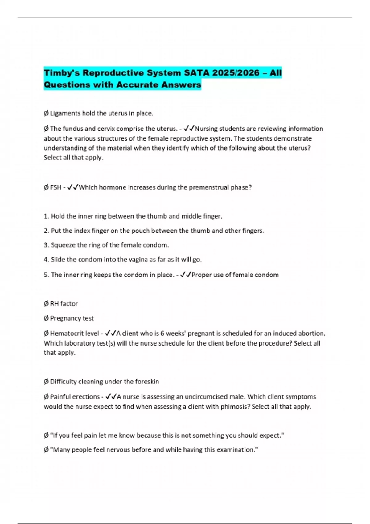 Timby's Reproductive System SATA 2025/2026 – All Questions with Accurate Answers - SATA - Stuvia US