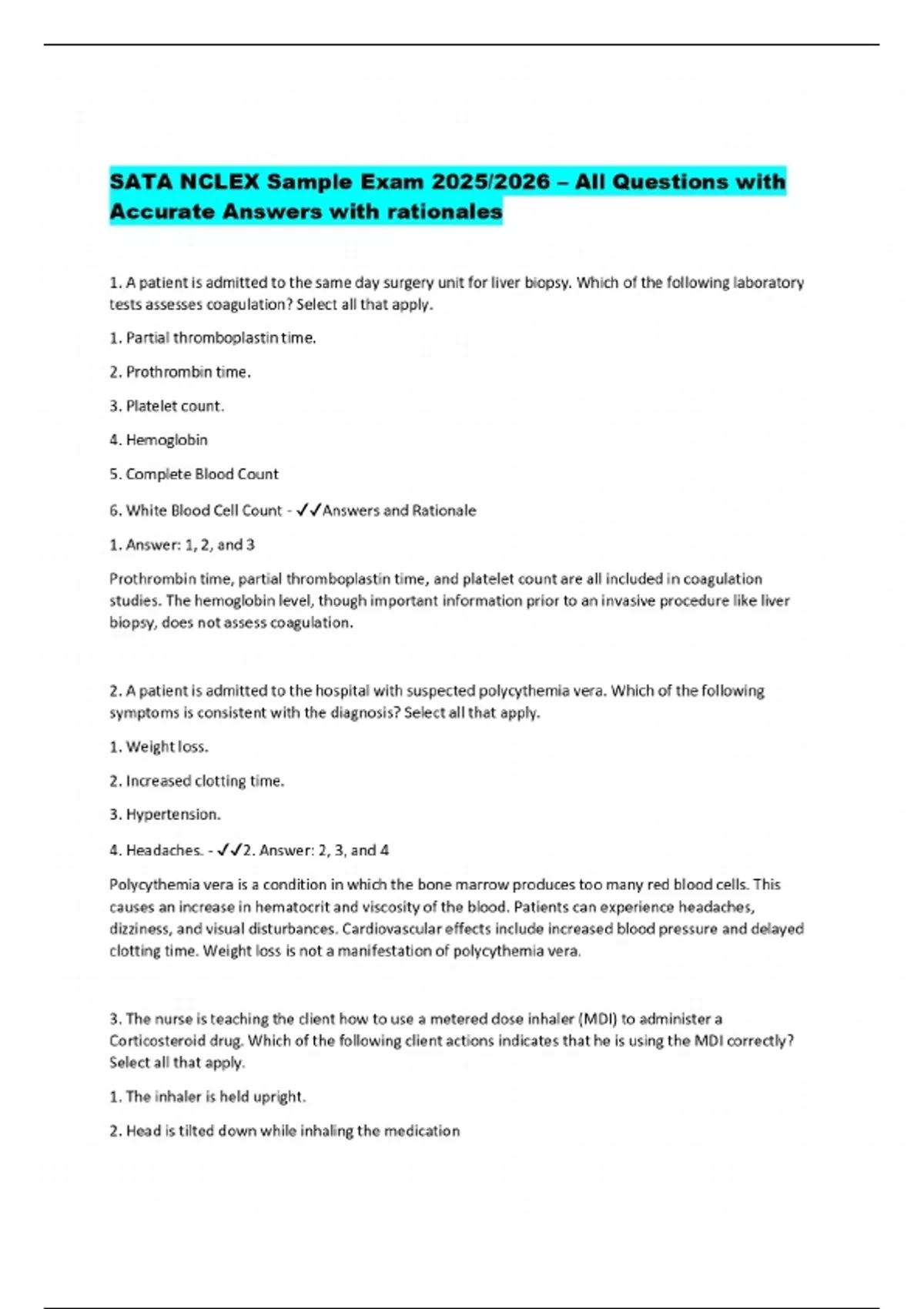 SATA NCLEX Sample Exam 2025/2026 – All Questions with Accurate Answers ...