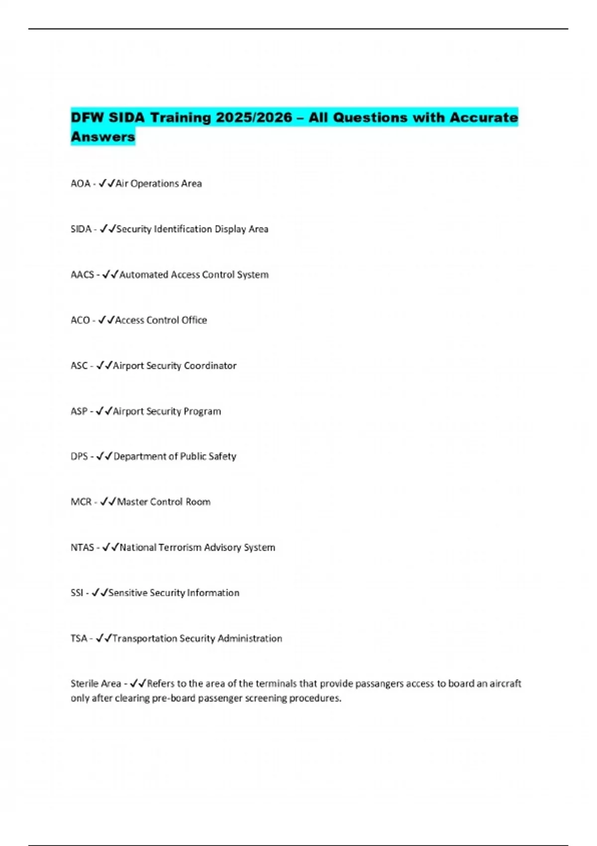DFW SIDA Training 2025/2026 – All Questions with Accurate Answers ...