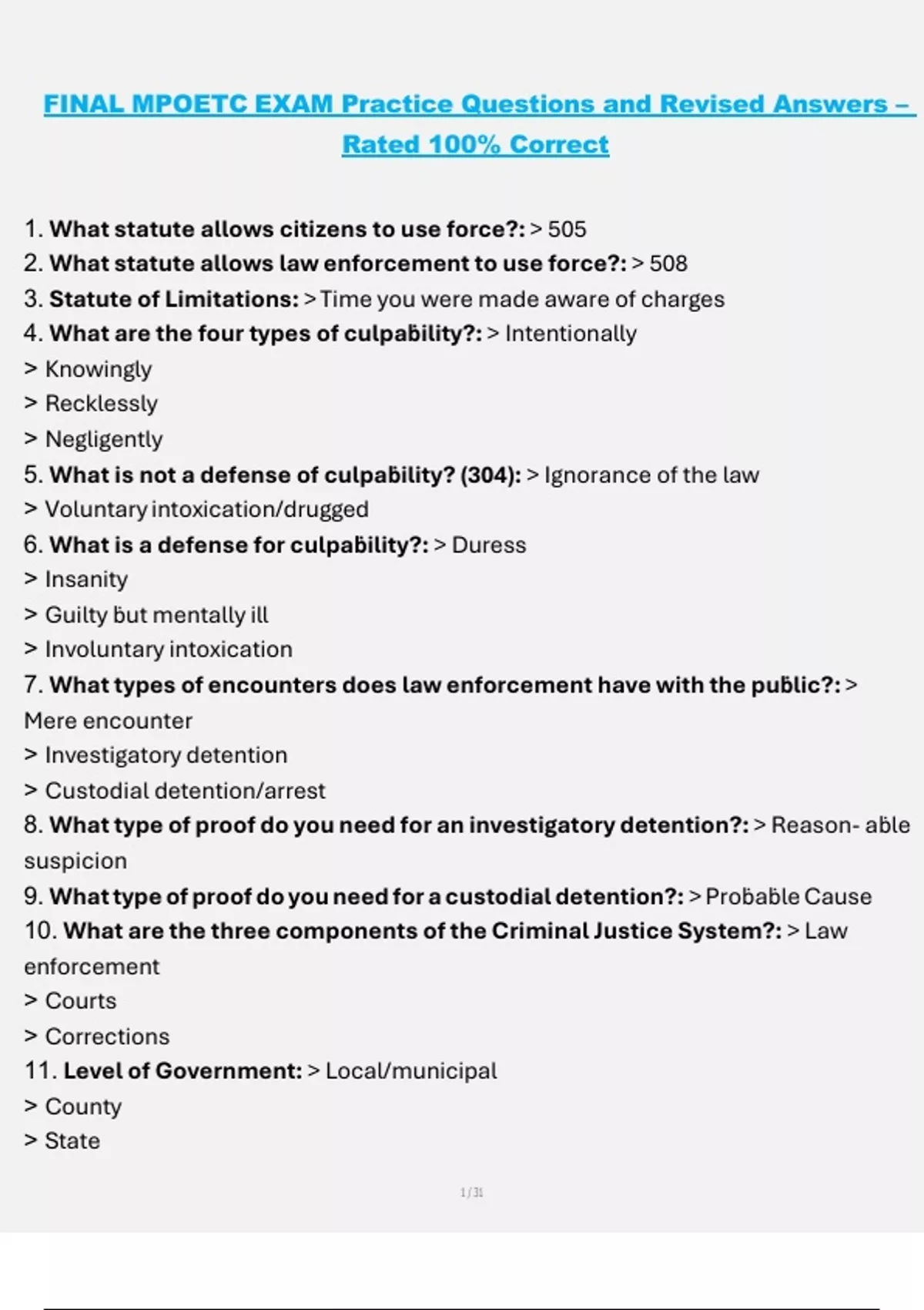 FINAL MPOETC Exam – Pennsylvania Municipal Police Officers’ Education ...