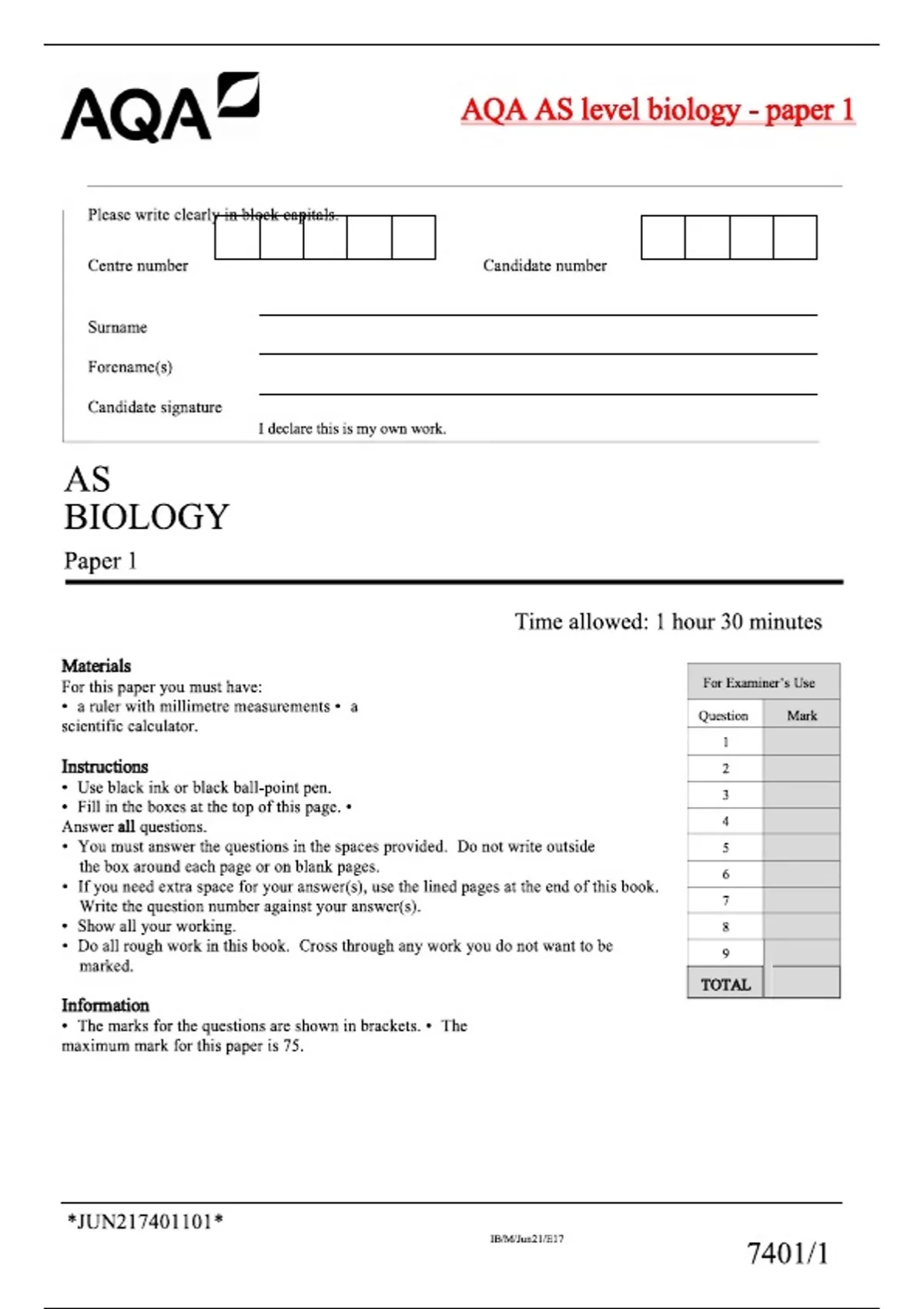 AQA A LEVEL BIOLOGY QUESTION PAPER 1 2025 (7402/1) - AQA A LEVEL ...