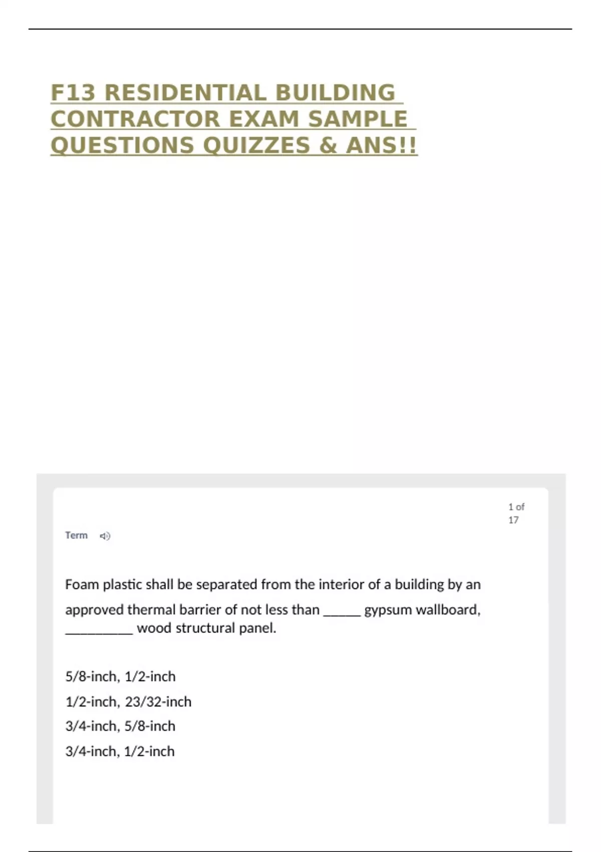 F13 RESIDENTIAL BUILDING CONTRACTOR EXAM SAMPLE QUESTIONS QUIZZES & ANS ...
