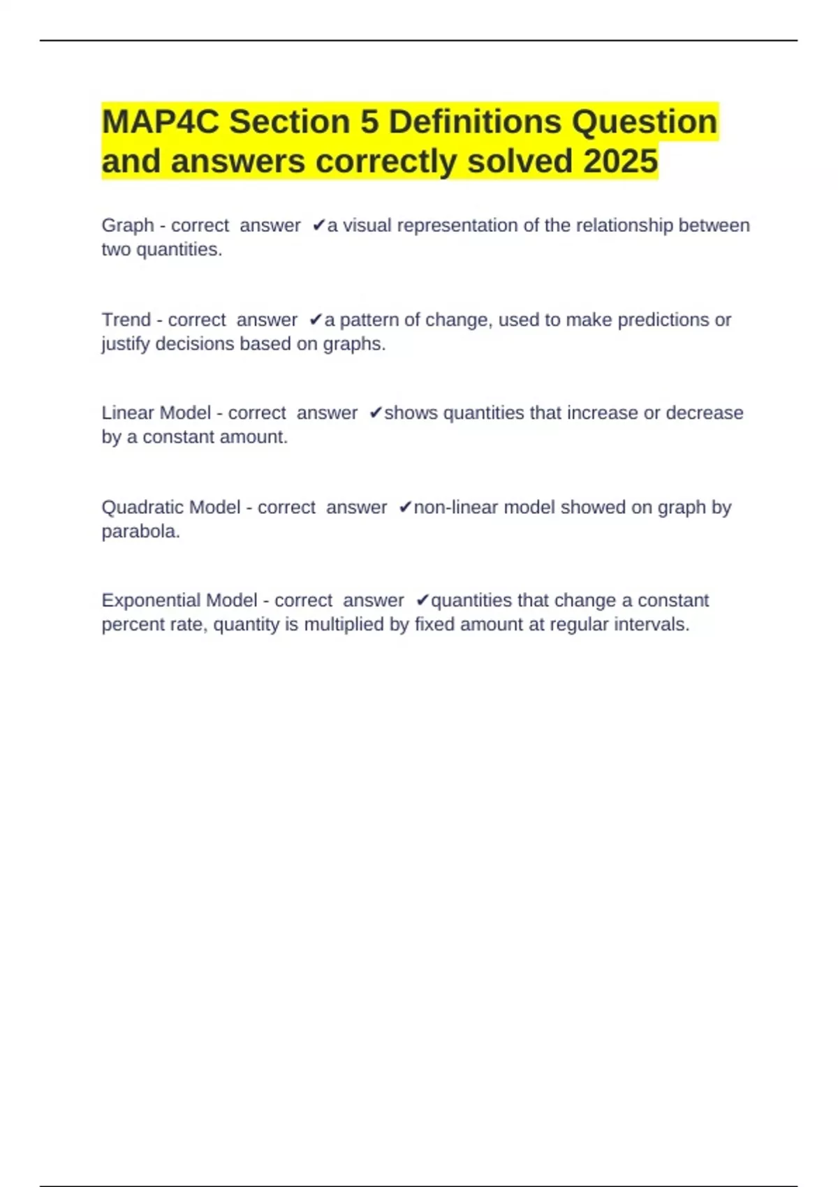 MAP4C Section 5 Definitions Question and answers correctly solved 2025 ...