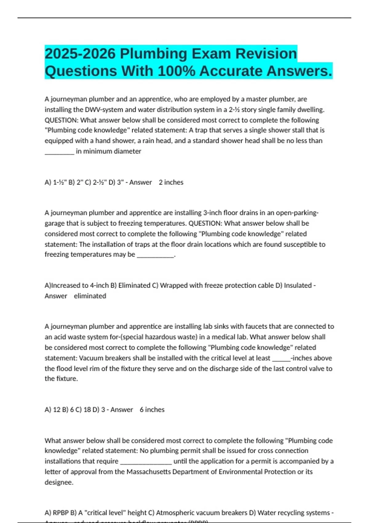 Plumbing Exam Revision Questions With 100% Accurate Answers. - Nevada ...