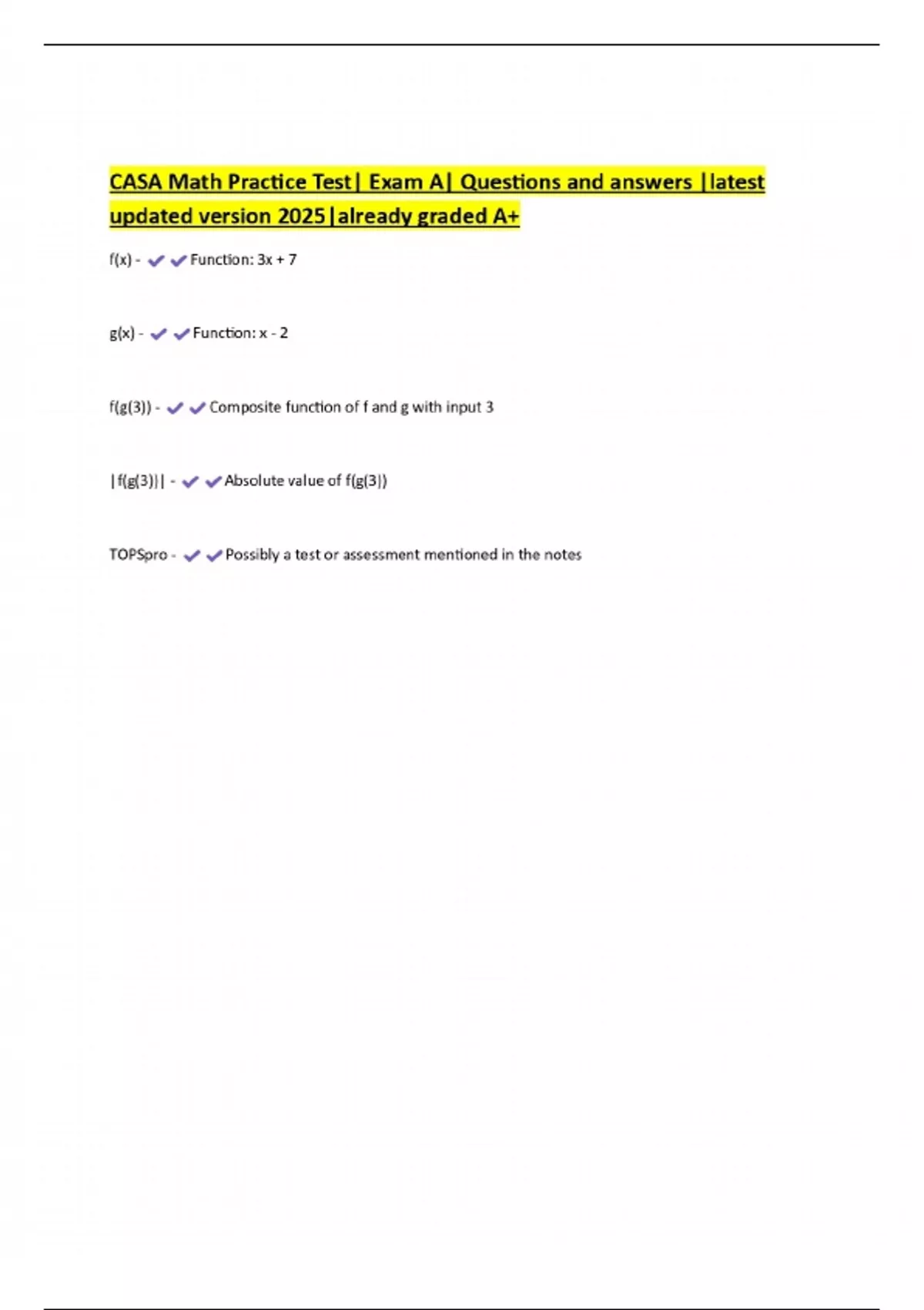 Casa Math Practice Test Exam A Questions And Answers Latest Updated