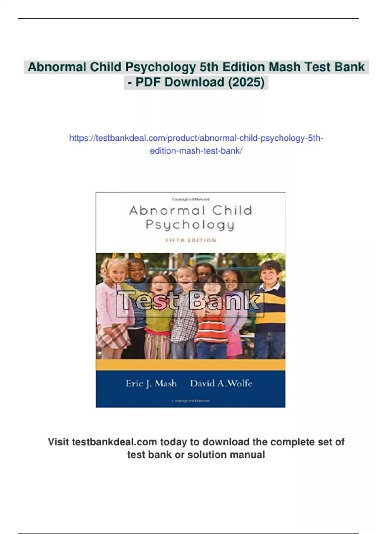 Summary Abnormal Child Psychology 5th Edition Mash Test Bank - Digital ...