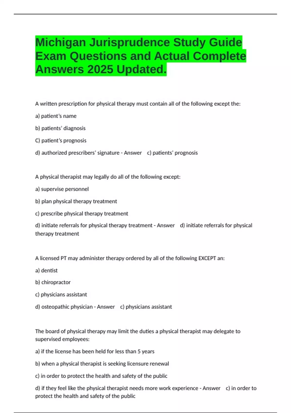 Michigan Jurisprudence Study Guide Exam Questions and Actual Complete ...