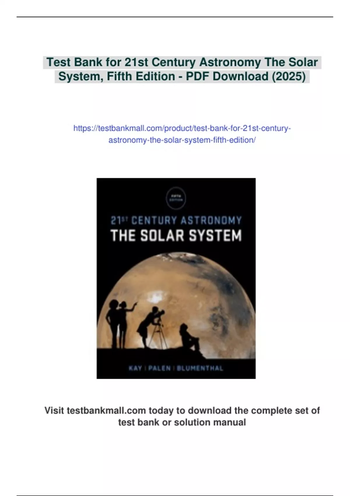 Summary Test Bank for 21st Century Astronomy The Solar System, Fifth ...