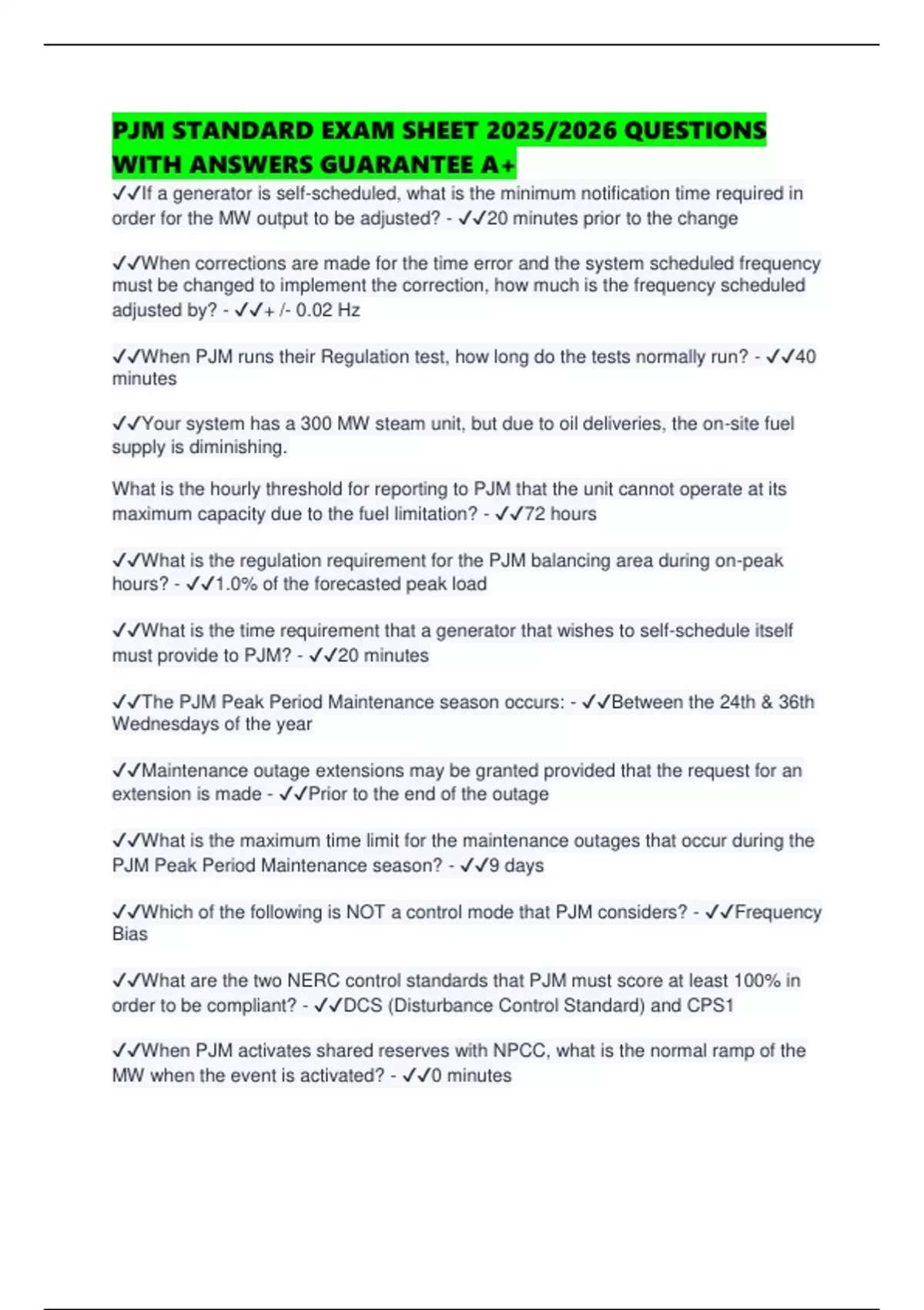 PJM STANDARD EXAM SHEET 2025/2026 QUESTIONS WITH ANSWERS GUARANTEE A+ ...