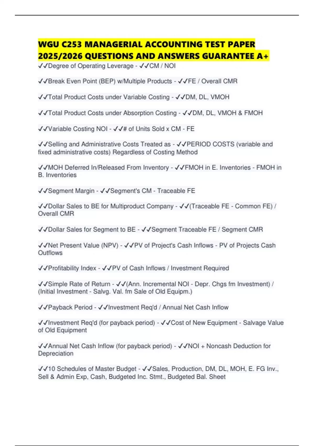 Wgu C253 Managerial Accounting Test Paper 2025 2026 Questions And