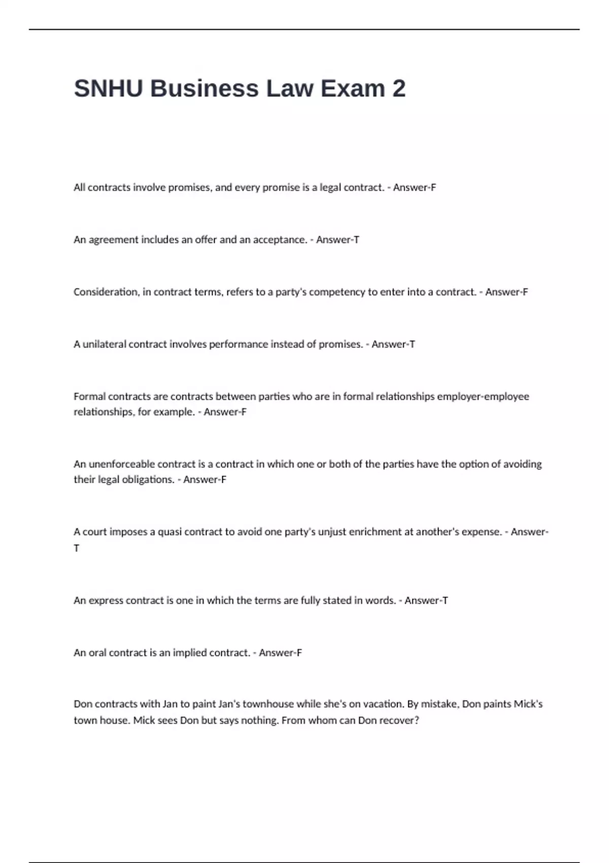 SNHU Business Law Exam 2 Questions with Correct Answers - Snhu - Stuvia US