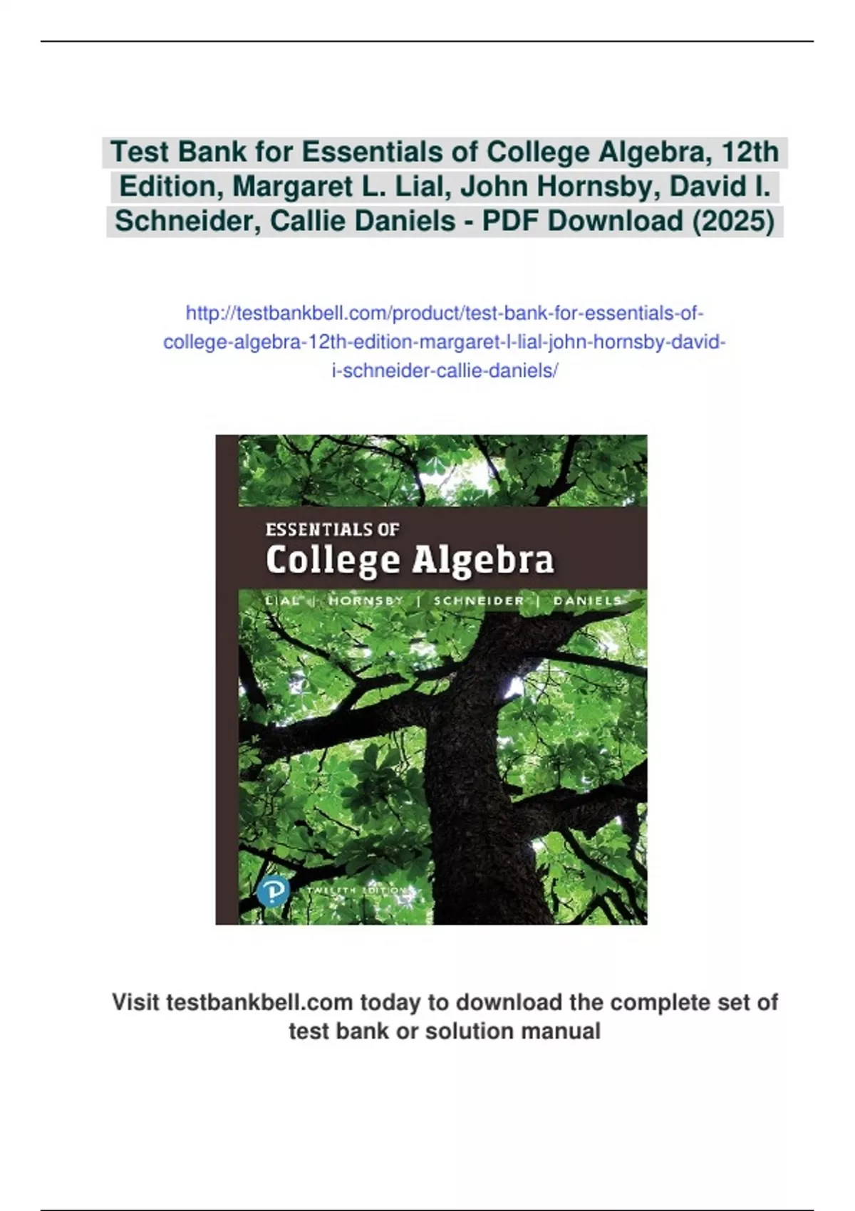 Summary Test Bank for Essentials of College Algebra, 12th Edition ...