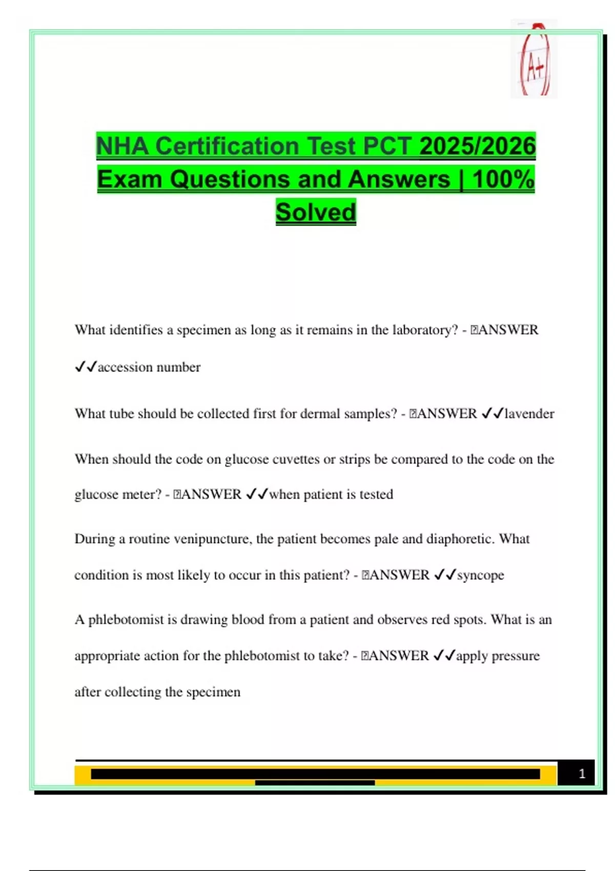 NHA Patient Care Technician (PCT) Exam 2025/2026 – 100 Solved Questions ...