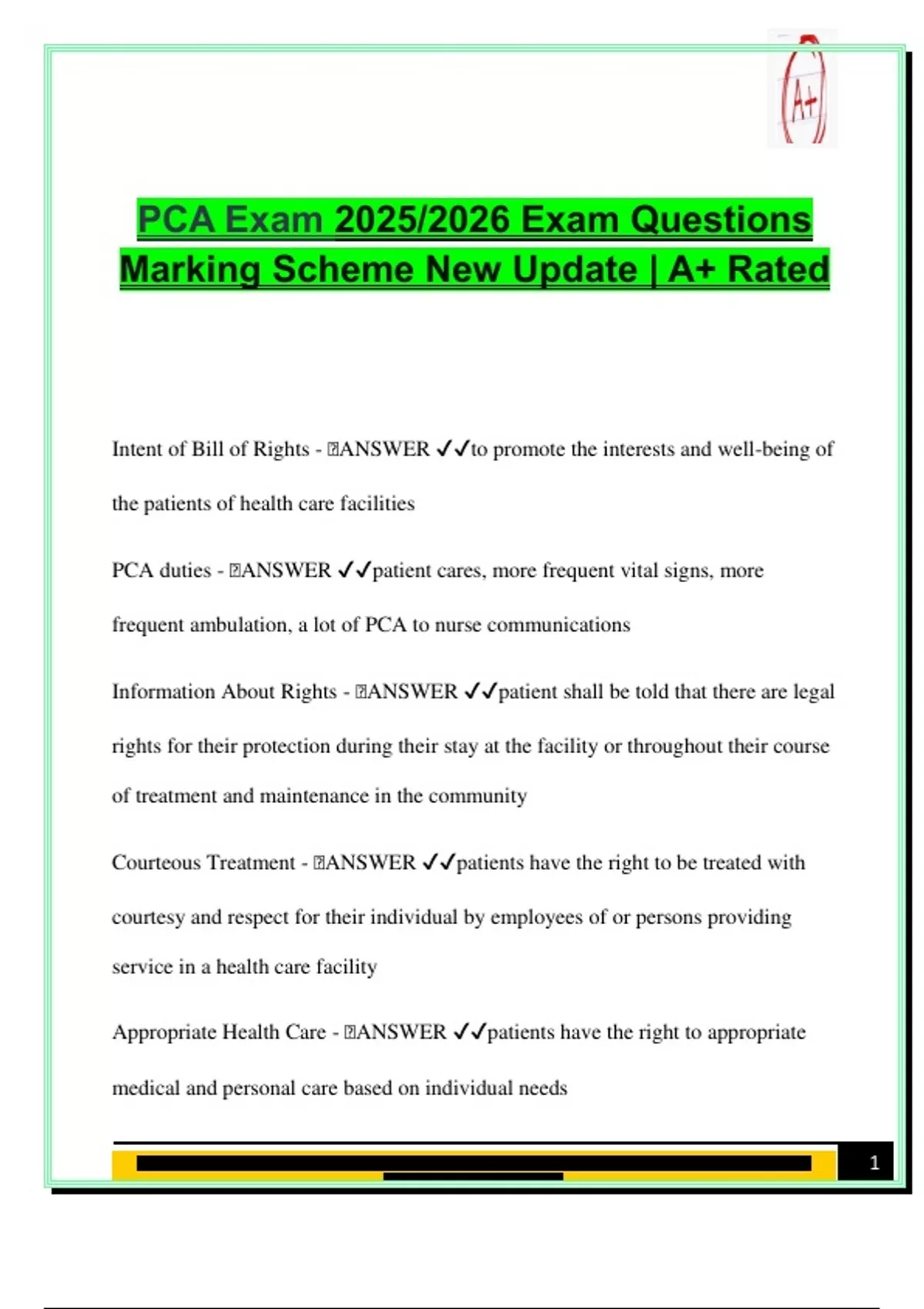 PCA Exam 2025/2026 – 100 Solved Questions | Patient Rights, Vital Signs ...