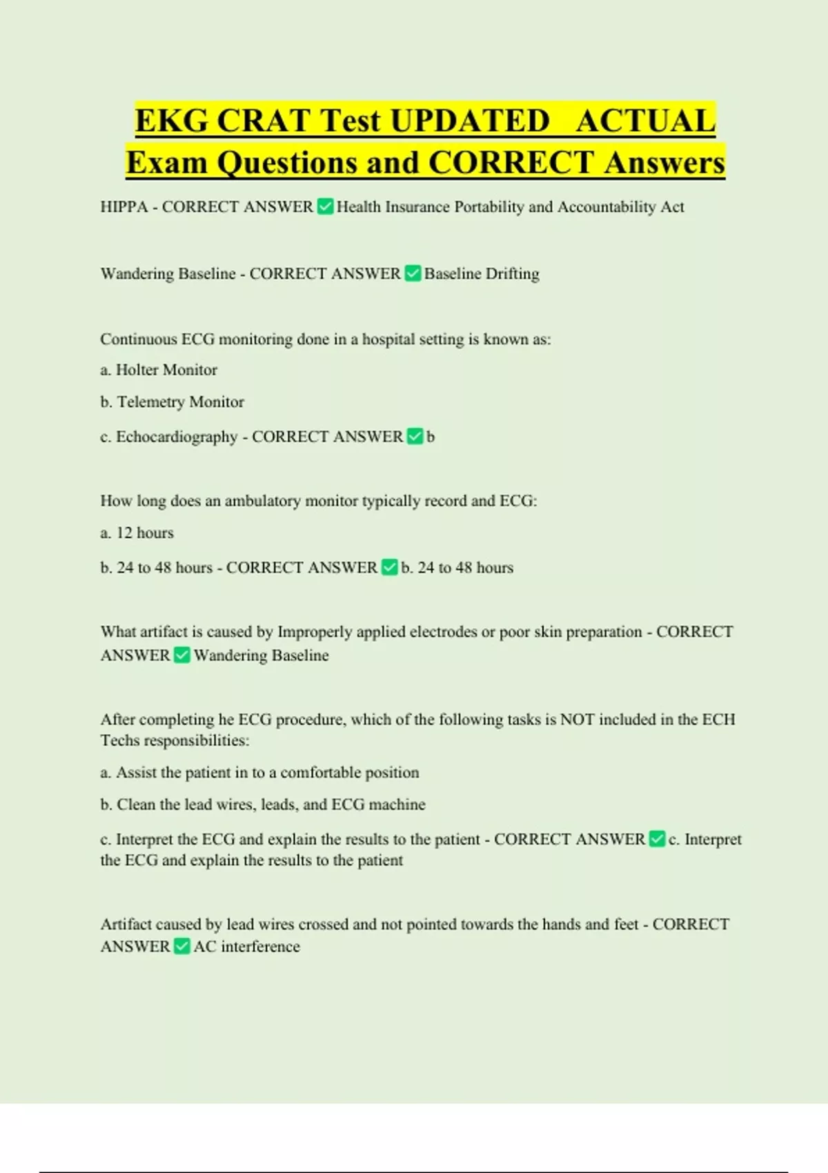 EKG CRAT Test UPDATED ACTUAL Exam Questions and CORRECT Answers - CRAT ...