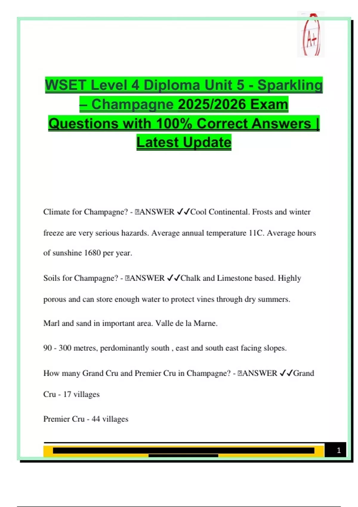 WSET Level 4 Diploma Unit 5: Champagne 2025/2026 – 100% Solved Q&As ...