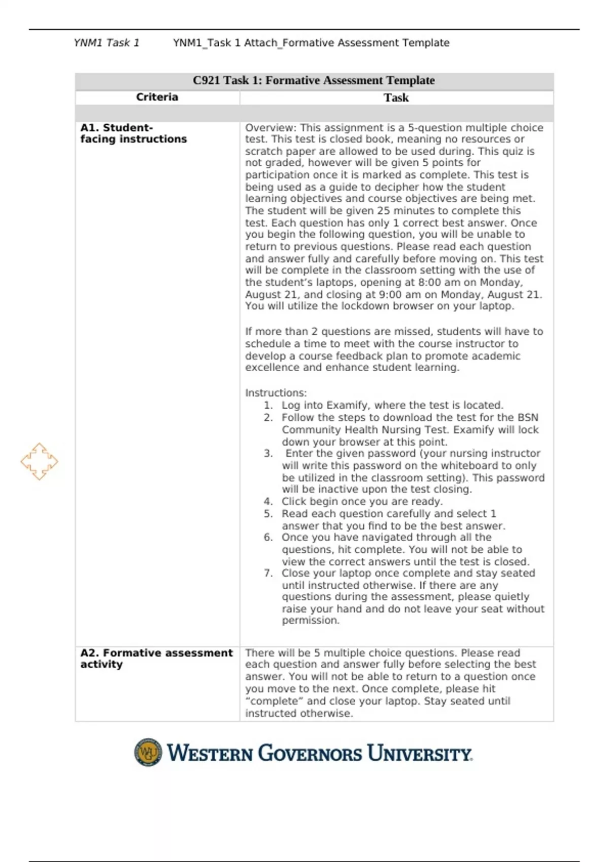 C921 Task 1 WGU: Formative Assessment Template - C921 Task 1 WGU ...