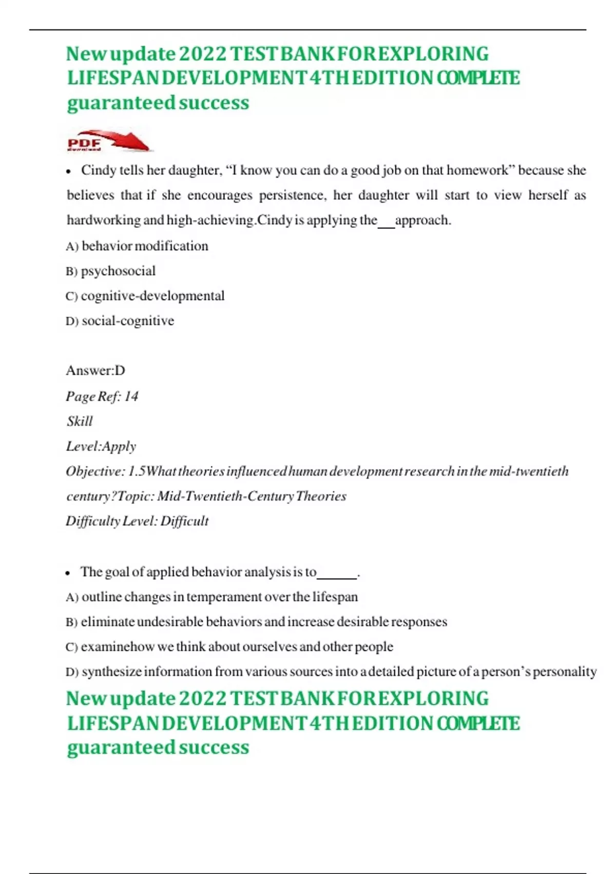 TEST BANK FOR EXPLORING LIFESPAN DEVELOPMENT 4TH EDITION BY BERK ...