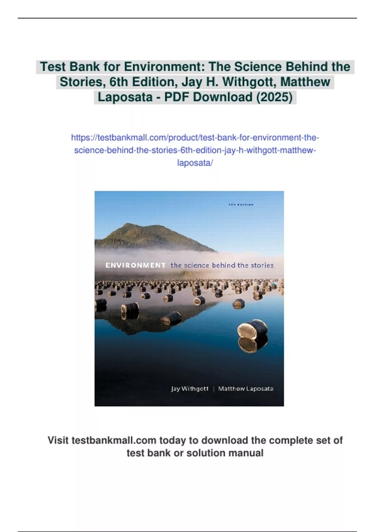 Summary Test Bank for Environment: The Science Behind the Stories, 6th ...