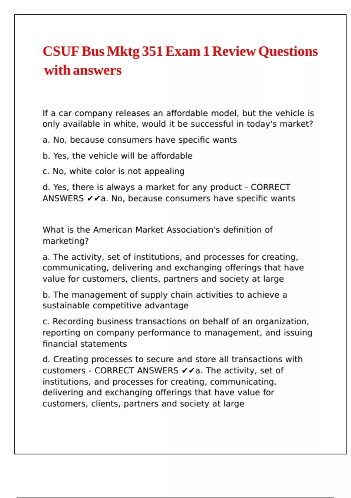 CSUF Bus Mktg 351 Exam 1 Review Questions with answers - MKTG 351 ...