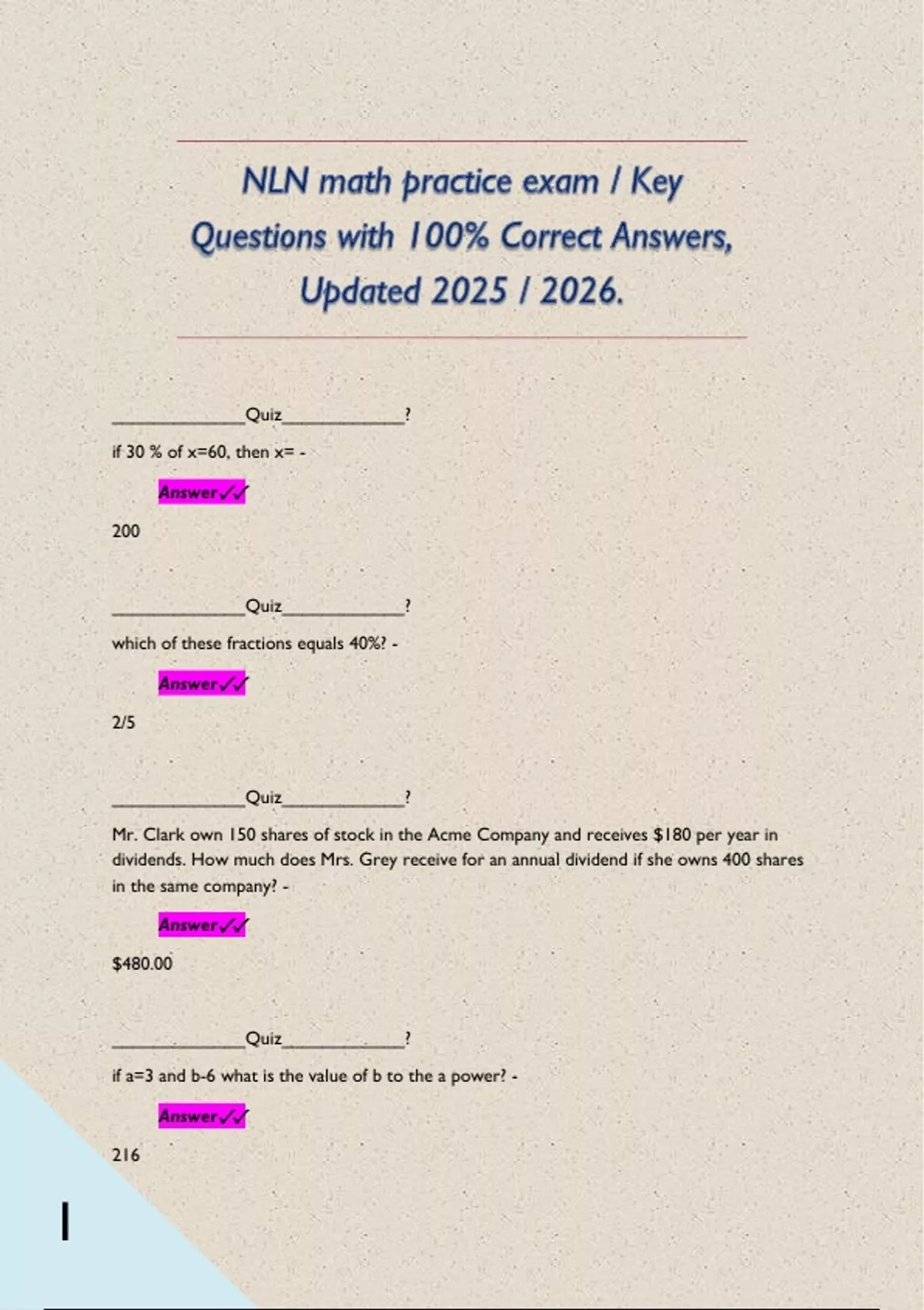 NLN math practice exam / Key Questions with 100% Correct Answers, Updated 2025 / 2026. - NLN ...