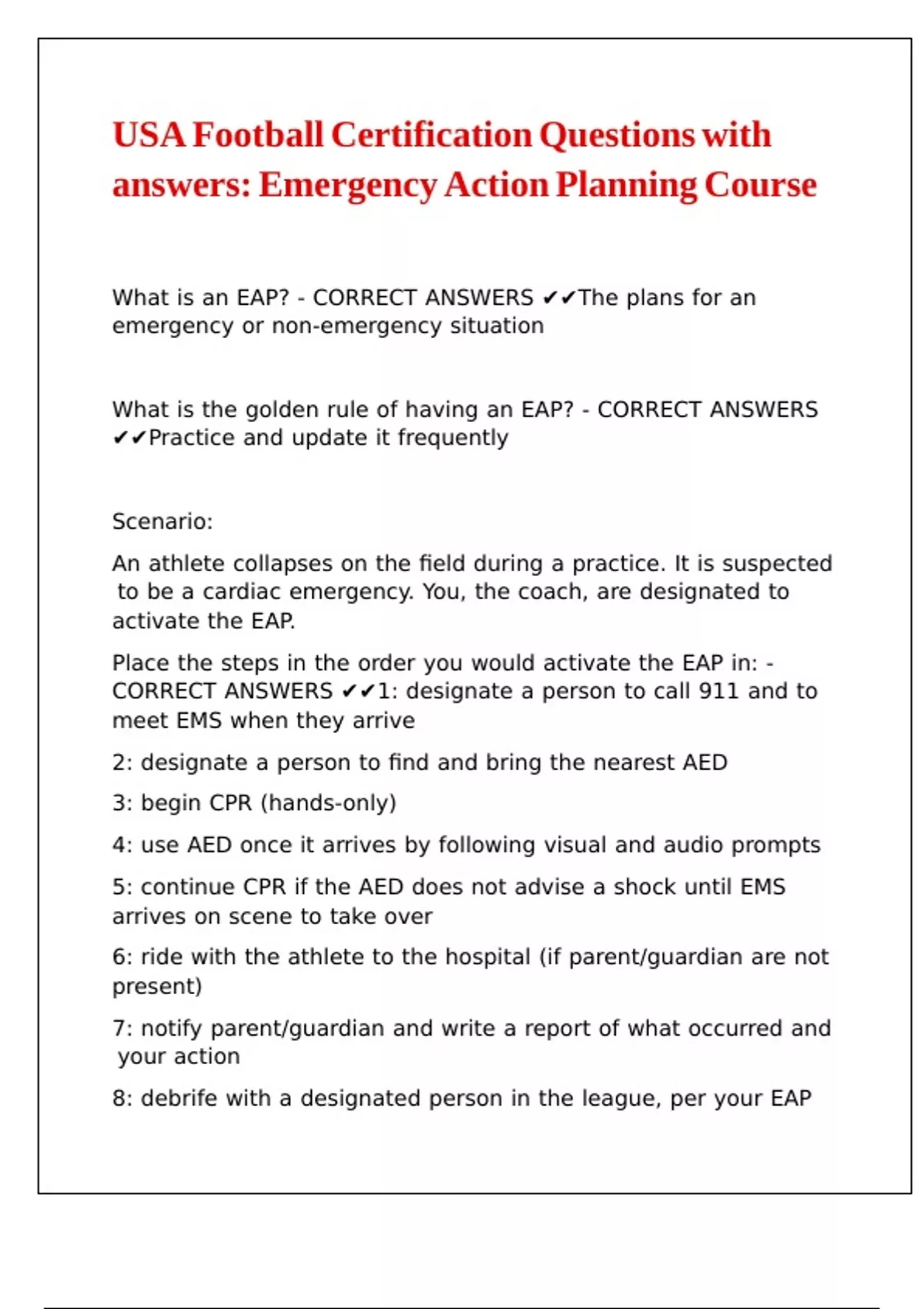 USA Football Certification Questions with answers- Emergency Action ...
