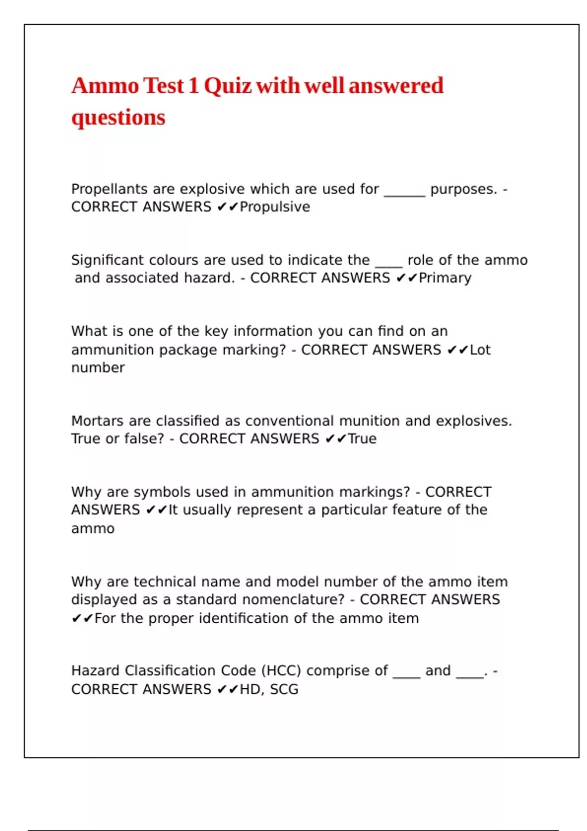 Ammo Test 1 Quiz with well answered questions - Ammo - Stuvia US