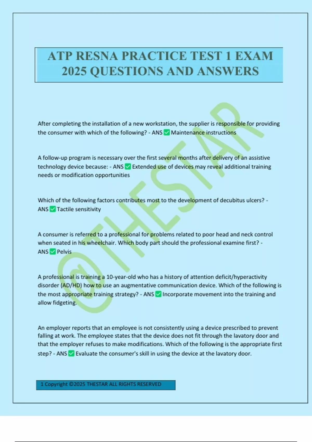 ATP RESNA PRACTICE TEST 1 EXAM 2025 QUESTIONS AND ANSWERS - ATP - Stuvia US