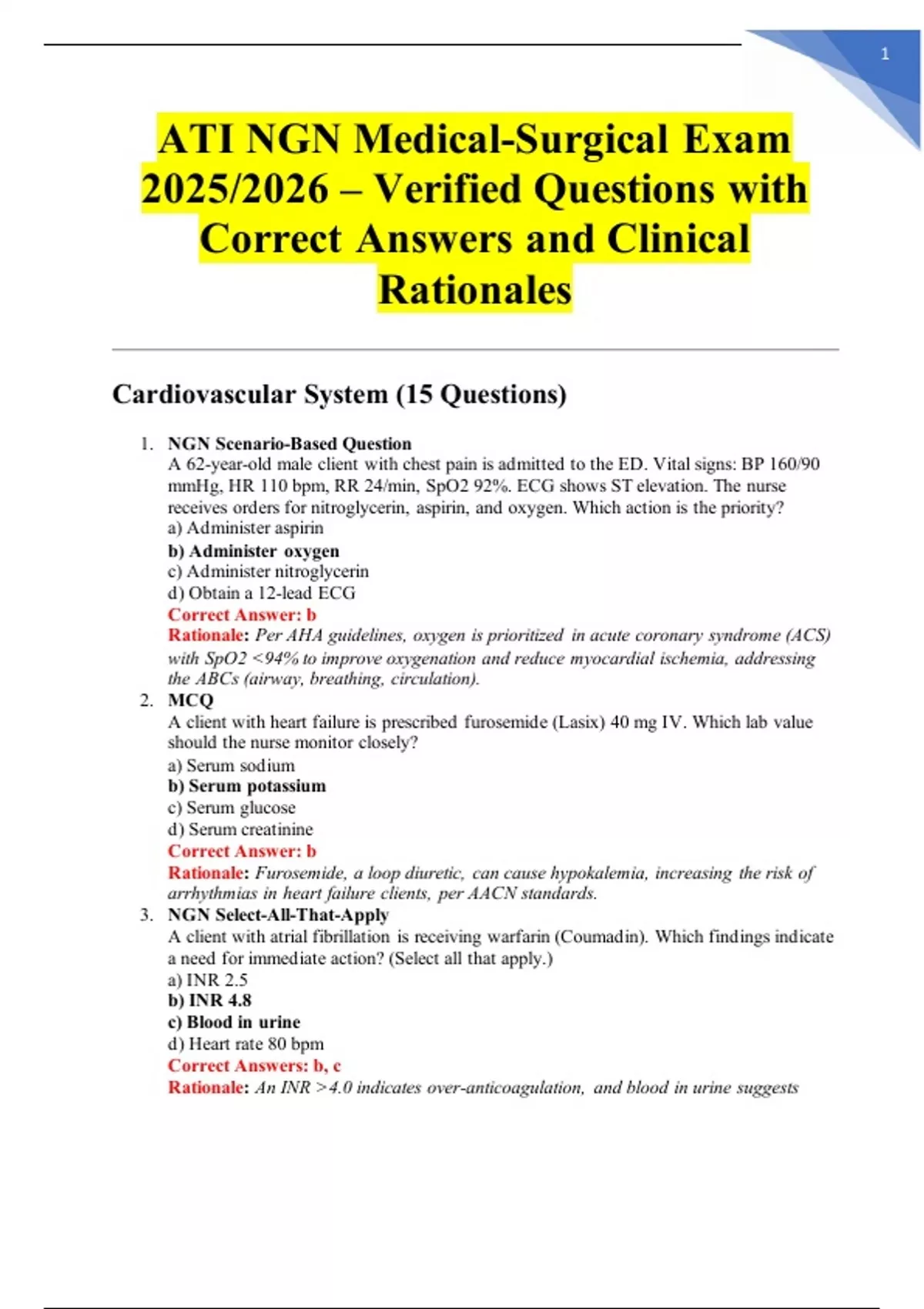 ATI NGN Medical-Surgical Exam 2025/2026 – Verified Questions with ...