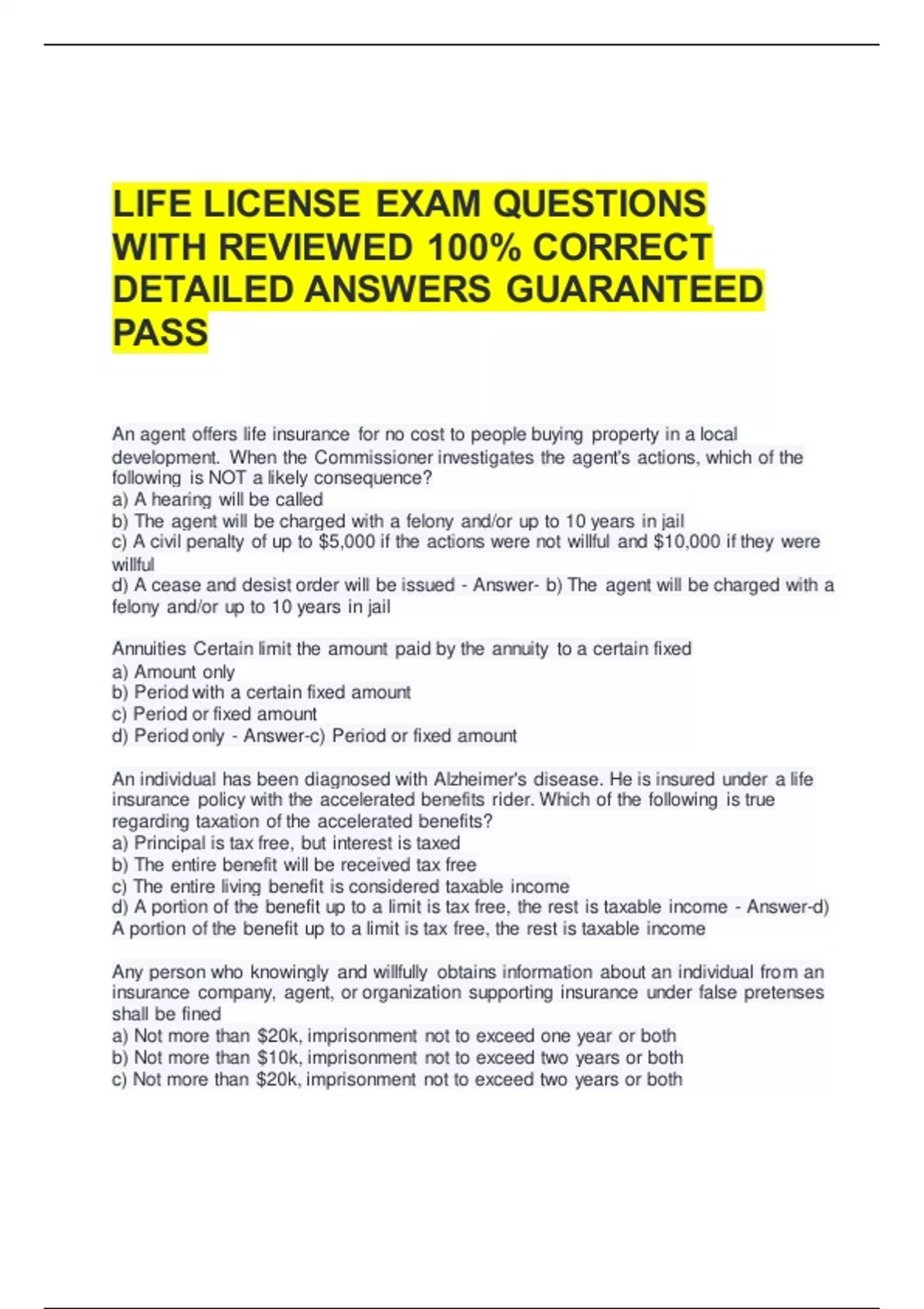 BUNDLE FOR LIFE LICENSE EXAM QUESTIONS WITH REVIEWED 100% CORRECT ...
