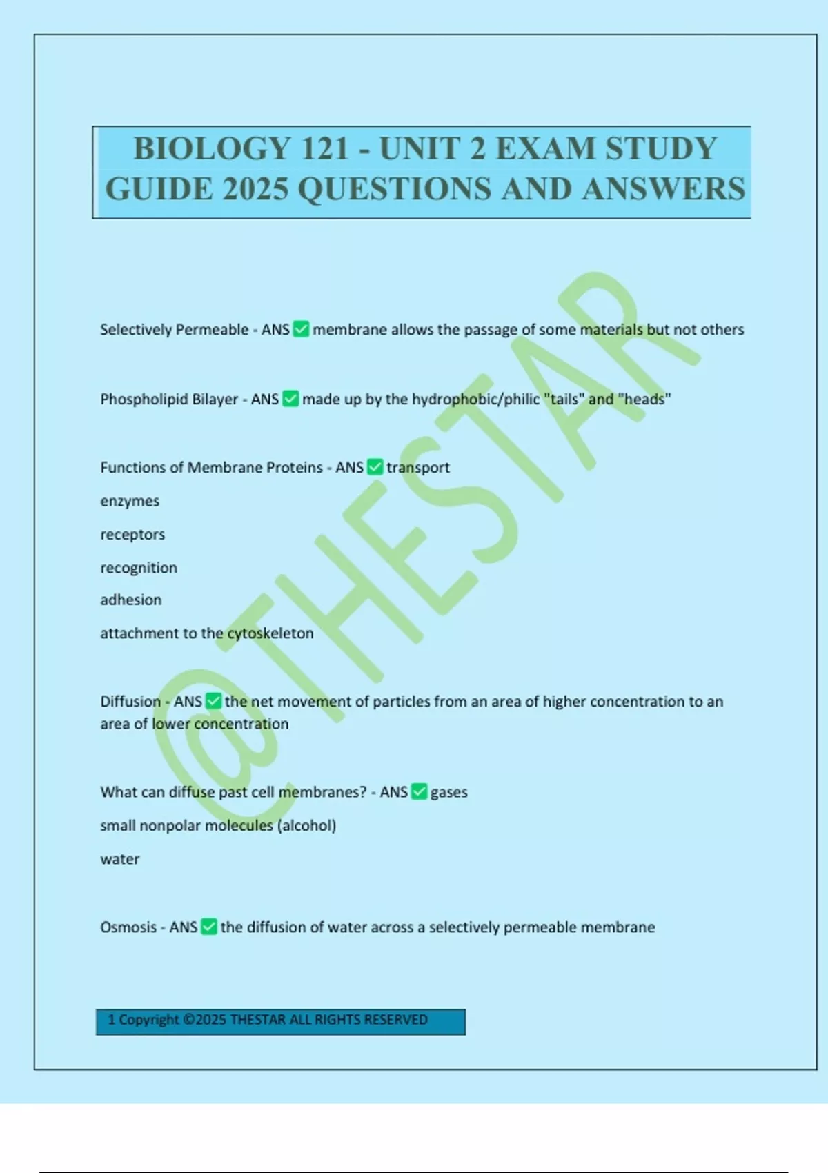 BIOLOGY 121 - UNIT 2 EXAM STUDY GUIDE 2025 QUESTIONS AND ANSWERS ...