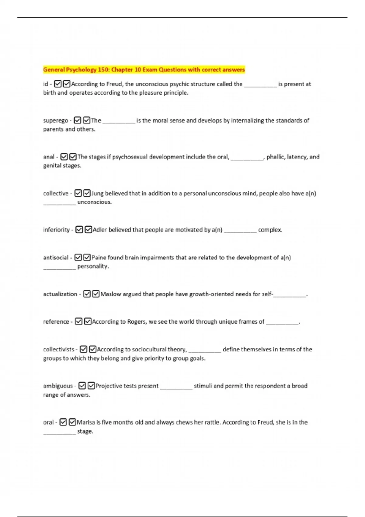 General Psychology 150: Chapter 10 Exam Questions with correct answers - PSY 150 - Stuvia US
