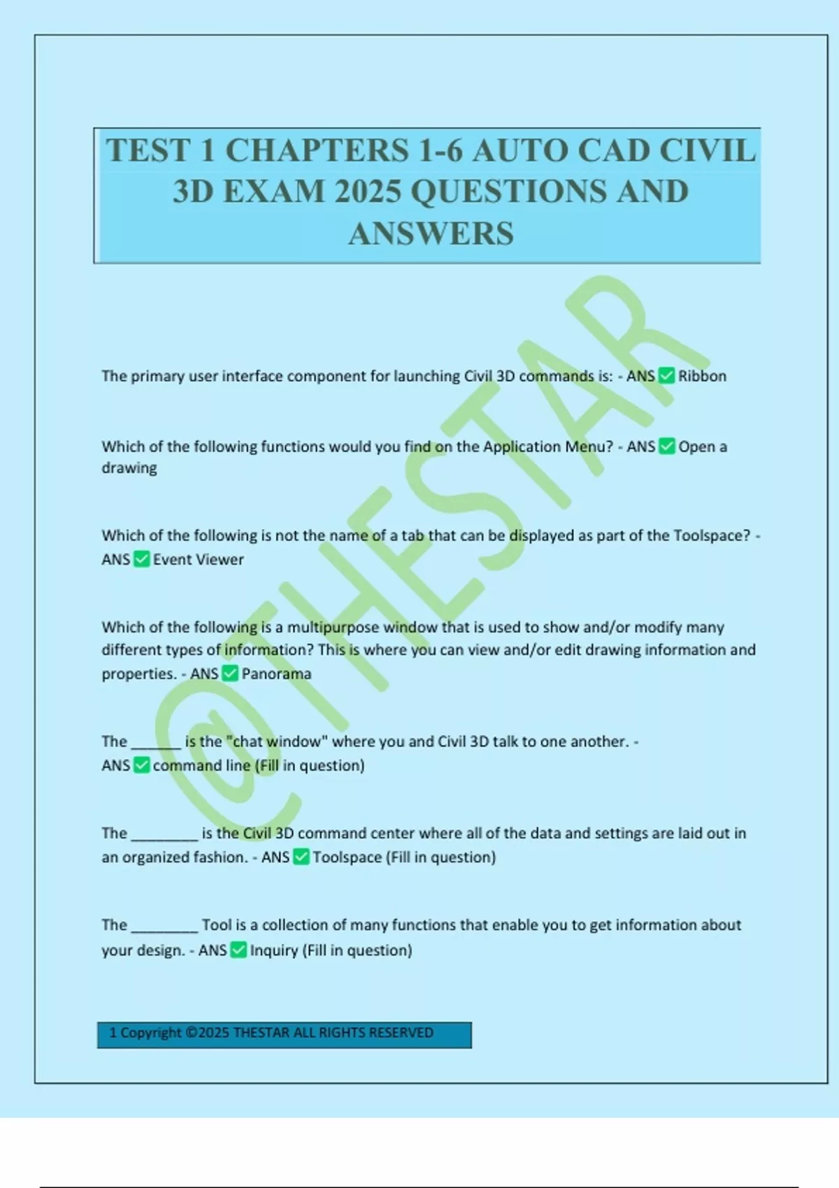TEST 1 CHAPTERS 1-6 AUTO CAD CIVIL 3D EXAM 2025 QUESTIONS AND ANSWERS ...