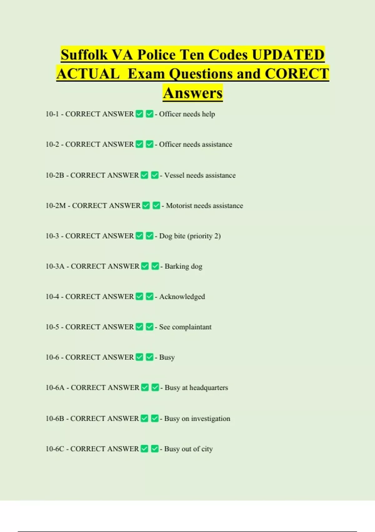 Suffolk VA Police Ten Codes UPDATED ACTUAL Exam Questions and CORECT ...