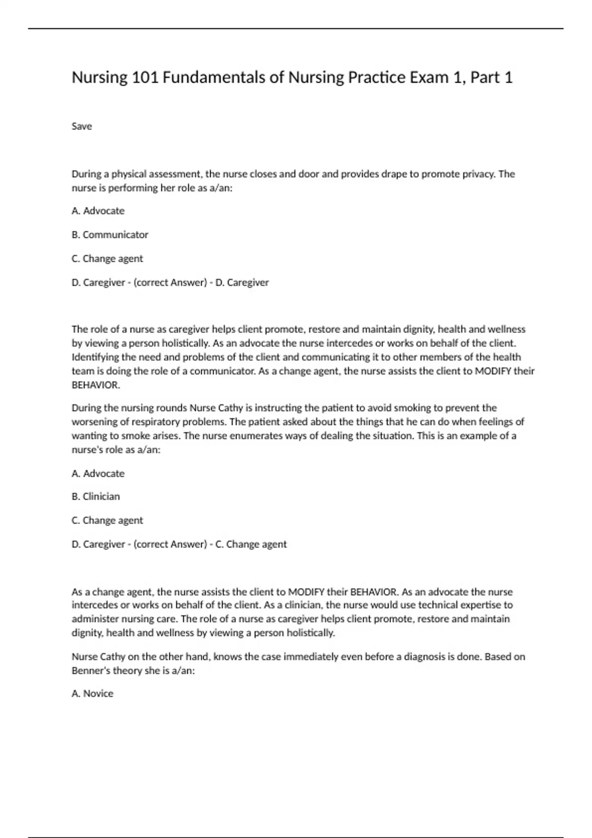 Nursing 101 Fundamentals of Nursing Practice Exam 1, Part 1 Save - Nurs ...